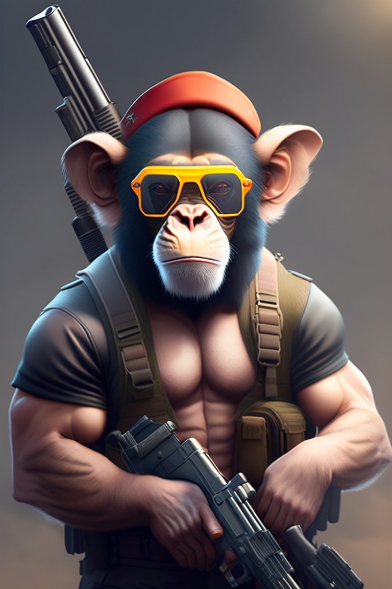 Lexica - Chimp with AK47 in his both arms, sunglasses, tatooes ...