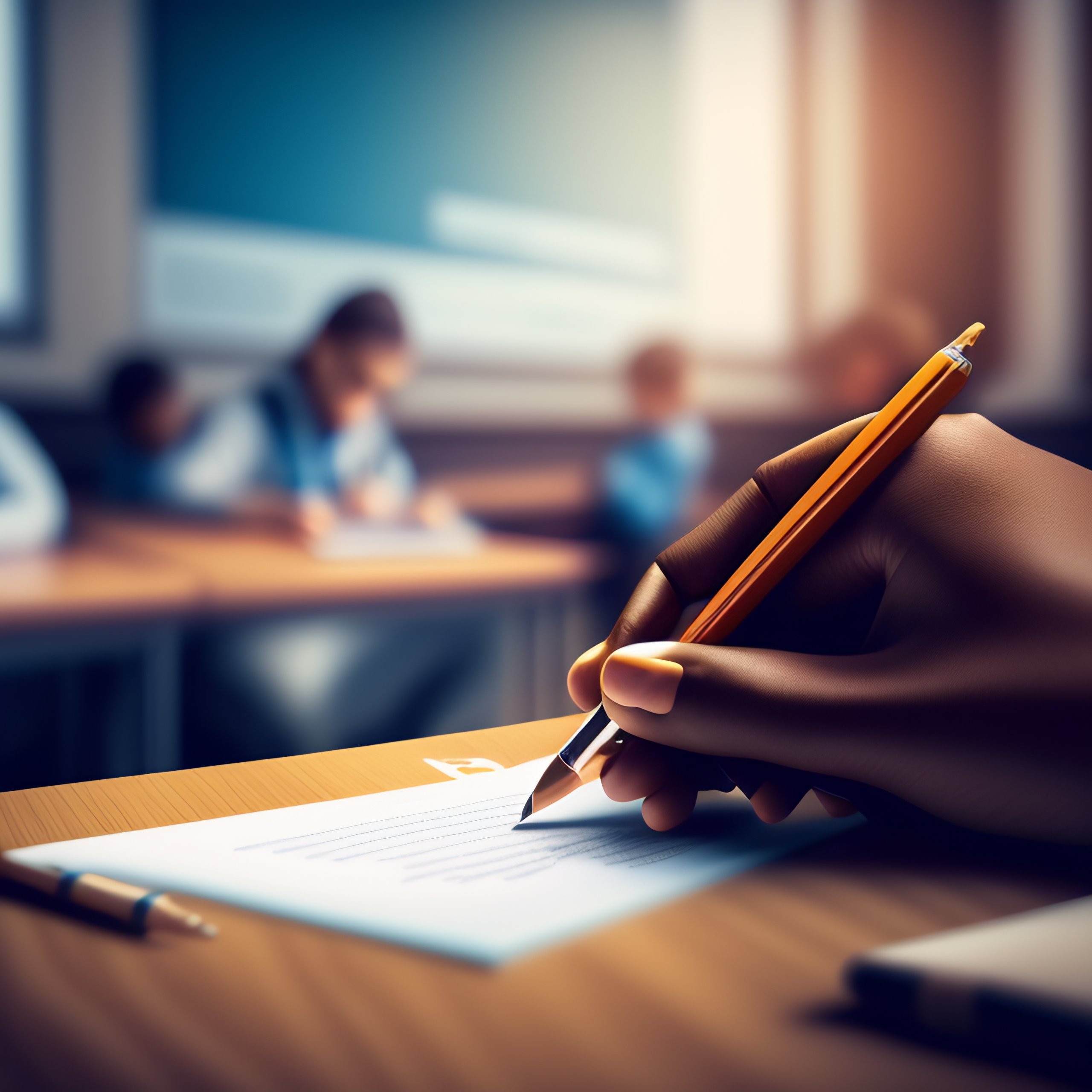 Lexica - HD 8k potrait of robot studying in a classroom, writing with ...