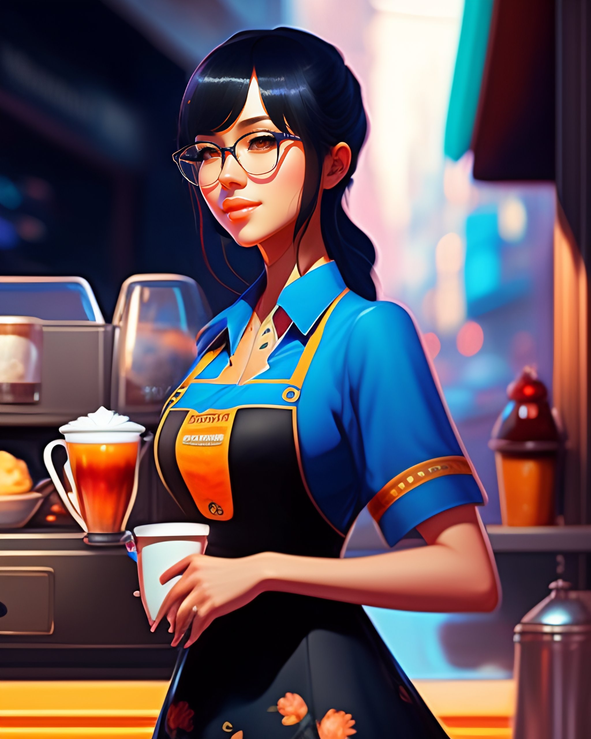 Lexica - Cute barista girl in blue dress black hair black wayfarer ...