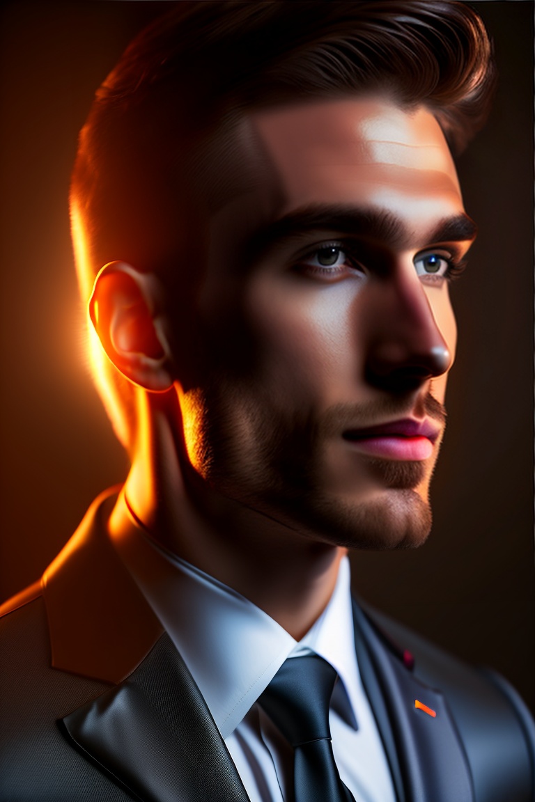 Lexica - A young businessman in a black room with dim light, his eyes ...
