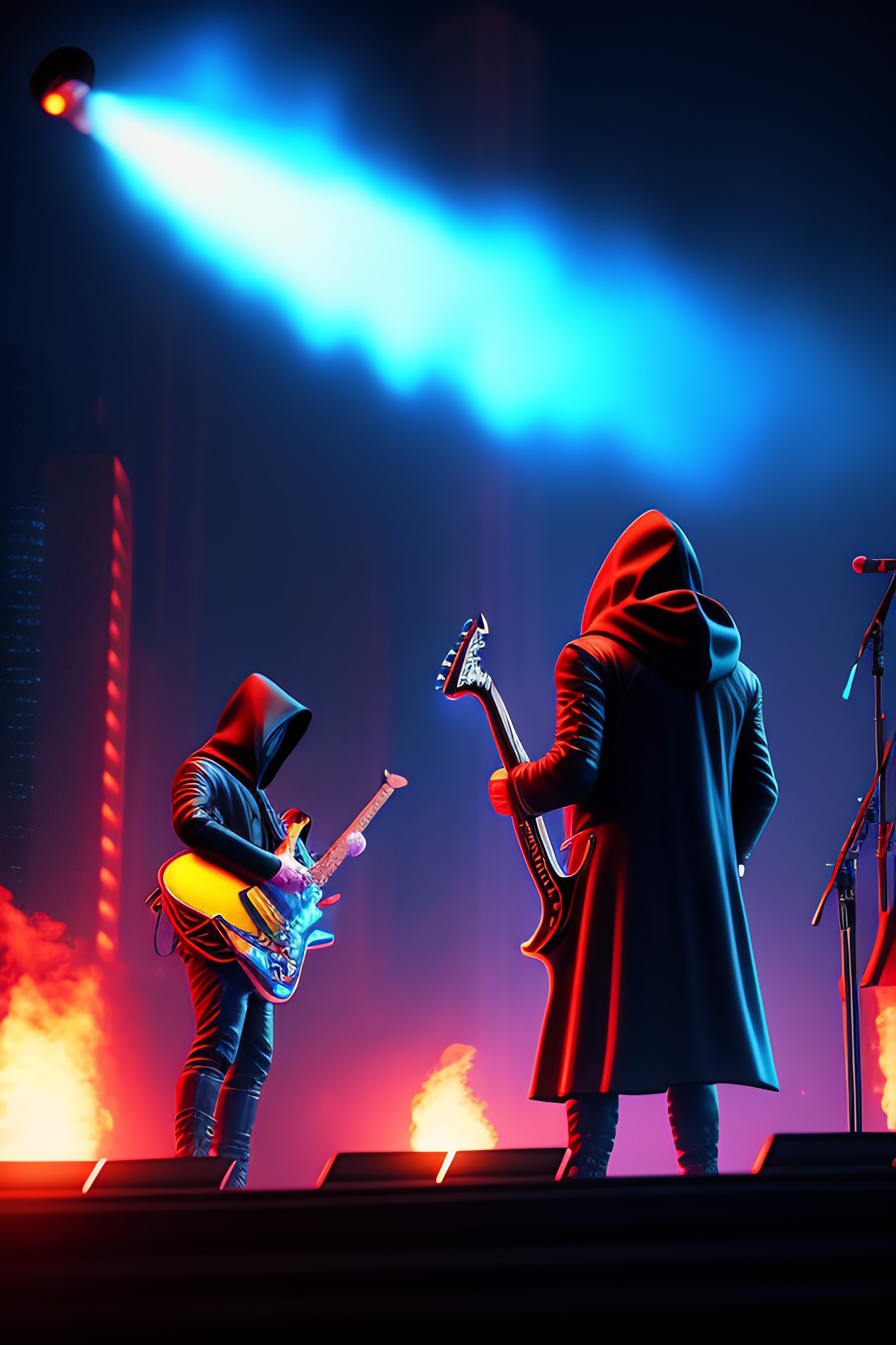 Lexica - Hooded men band playing rock on stage, cyberpunk setting ...