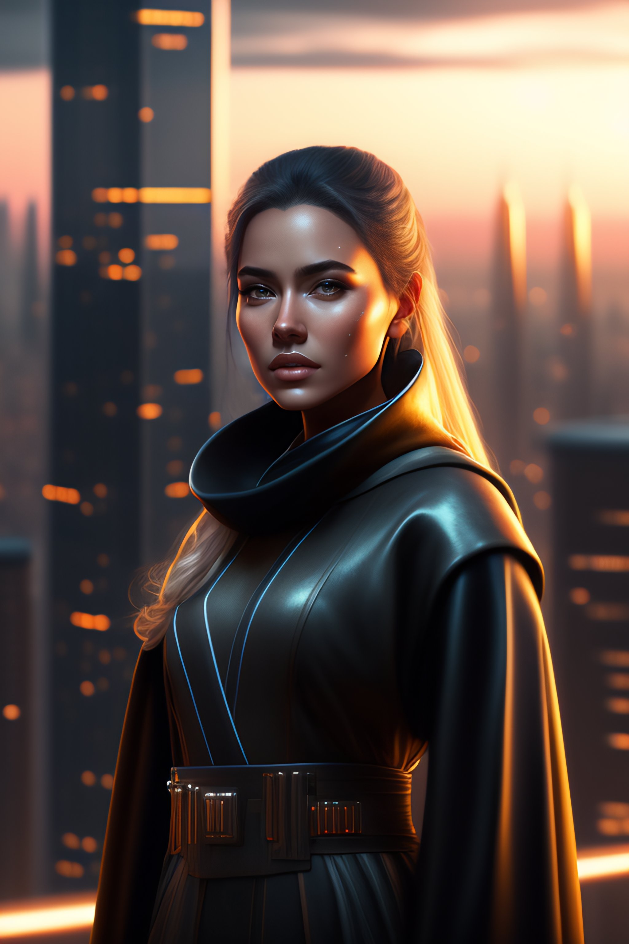Lexica - Portrait of a jedi girl on a roof with a futurism city below ...