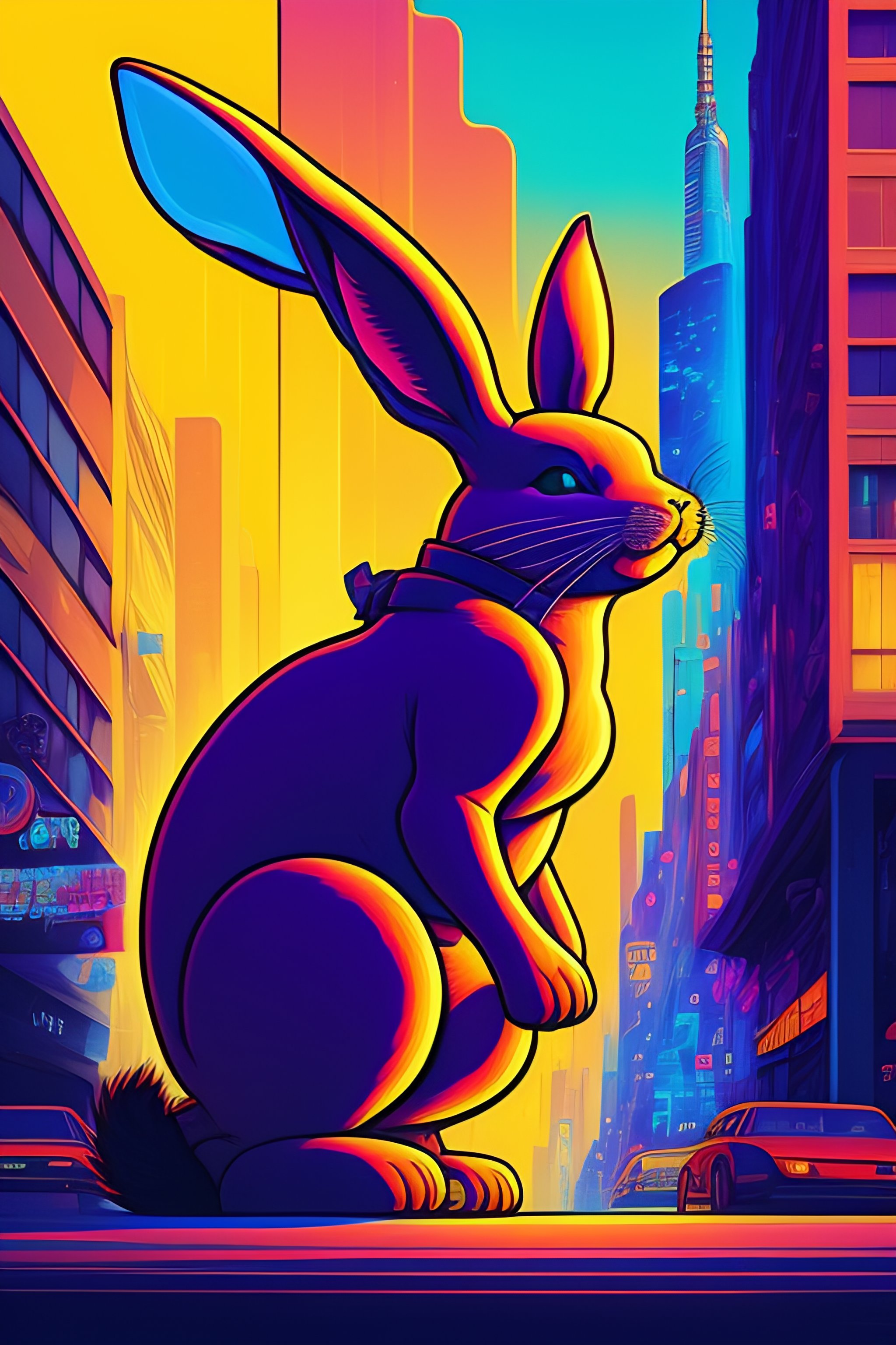 Lexica - Photo of of a huge breakdancing rabbit in a fusion cityscape ...