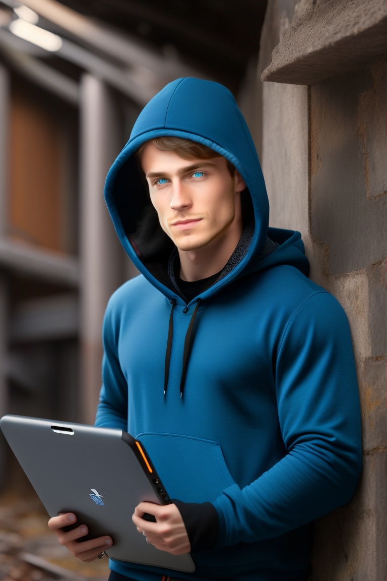 Lexica - Jake hacker in a black hoodie with blue eyes, standing in an ...