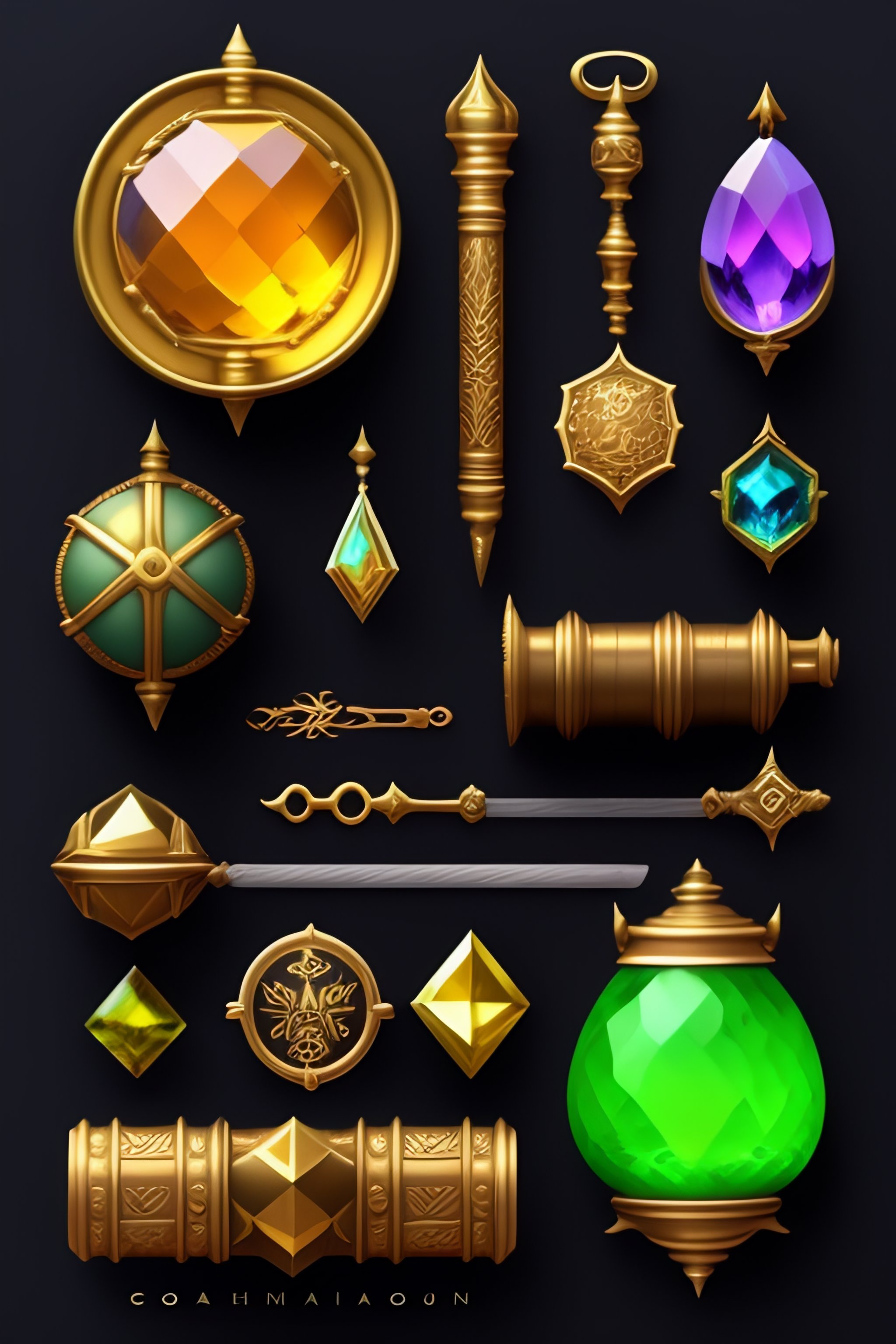 Lexica - Design sheet of various alchemist tools, magic gems, props