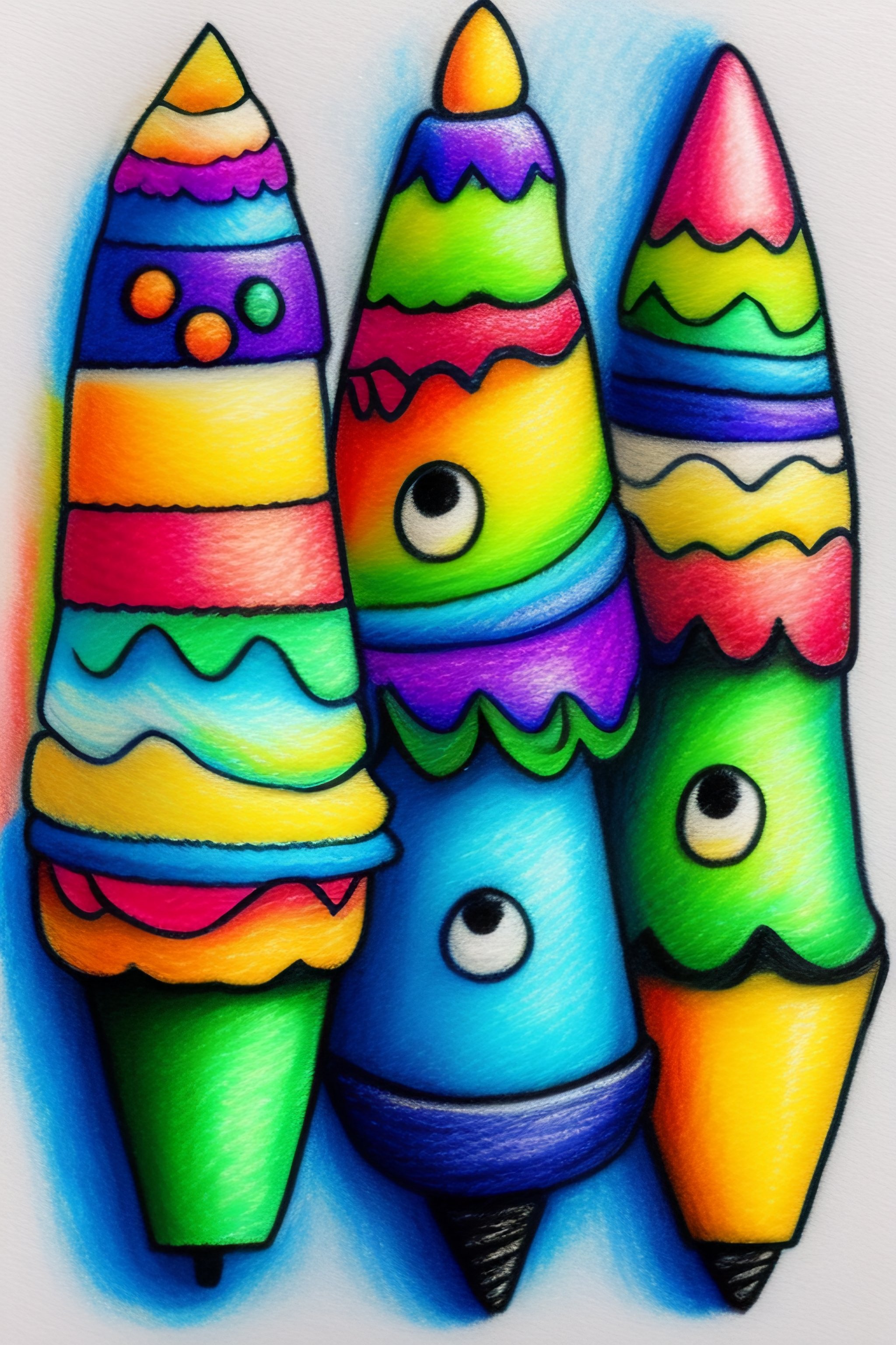 Lexica - Crayon drawing of several cute colorful monsters with ice ...