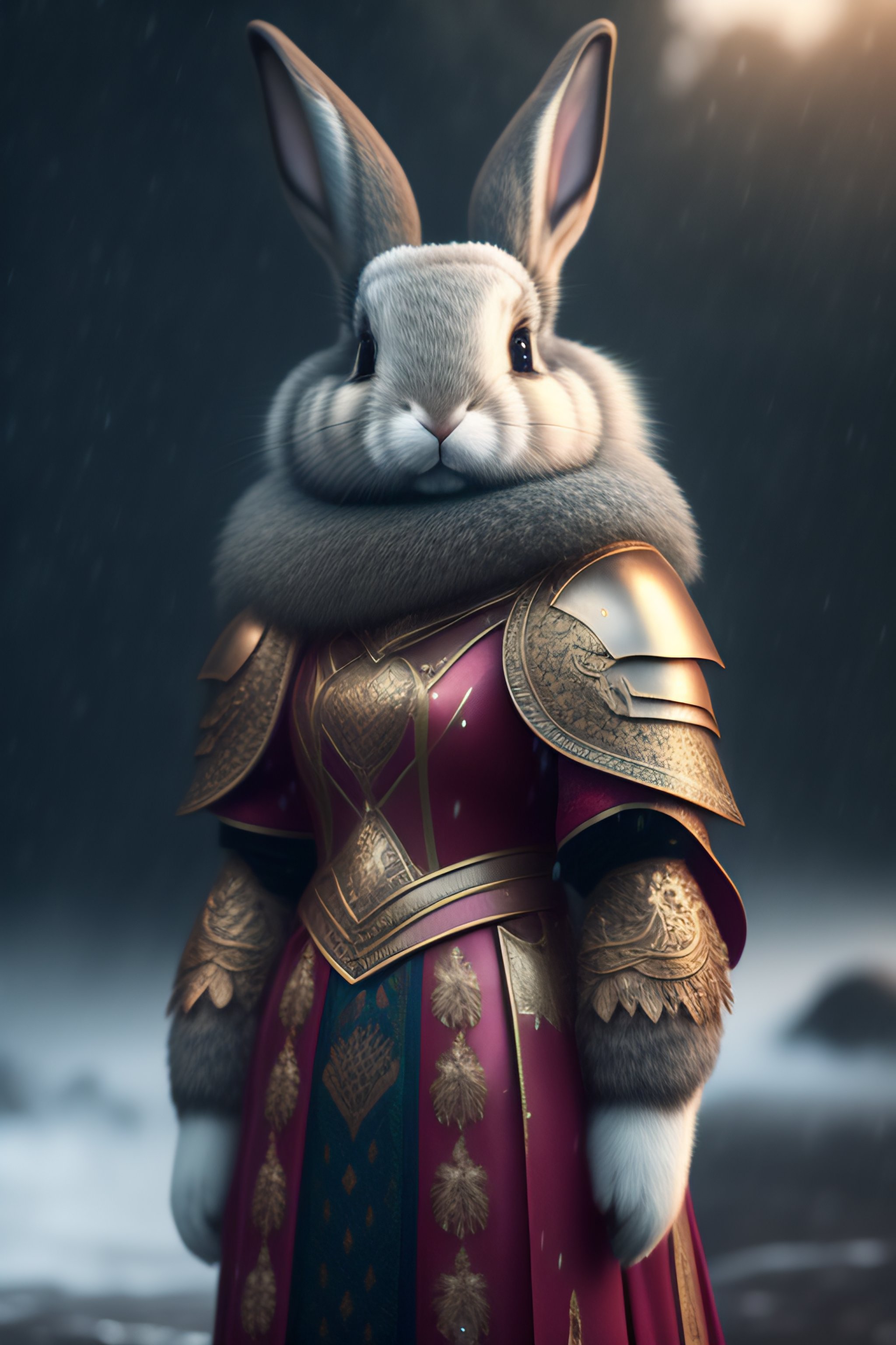 Lexica - Bunny, high ornamented light armor, fluffy fur, foggy, wet ...