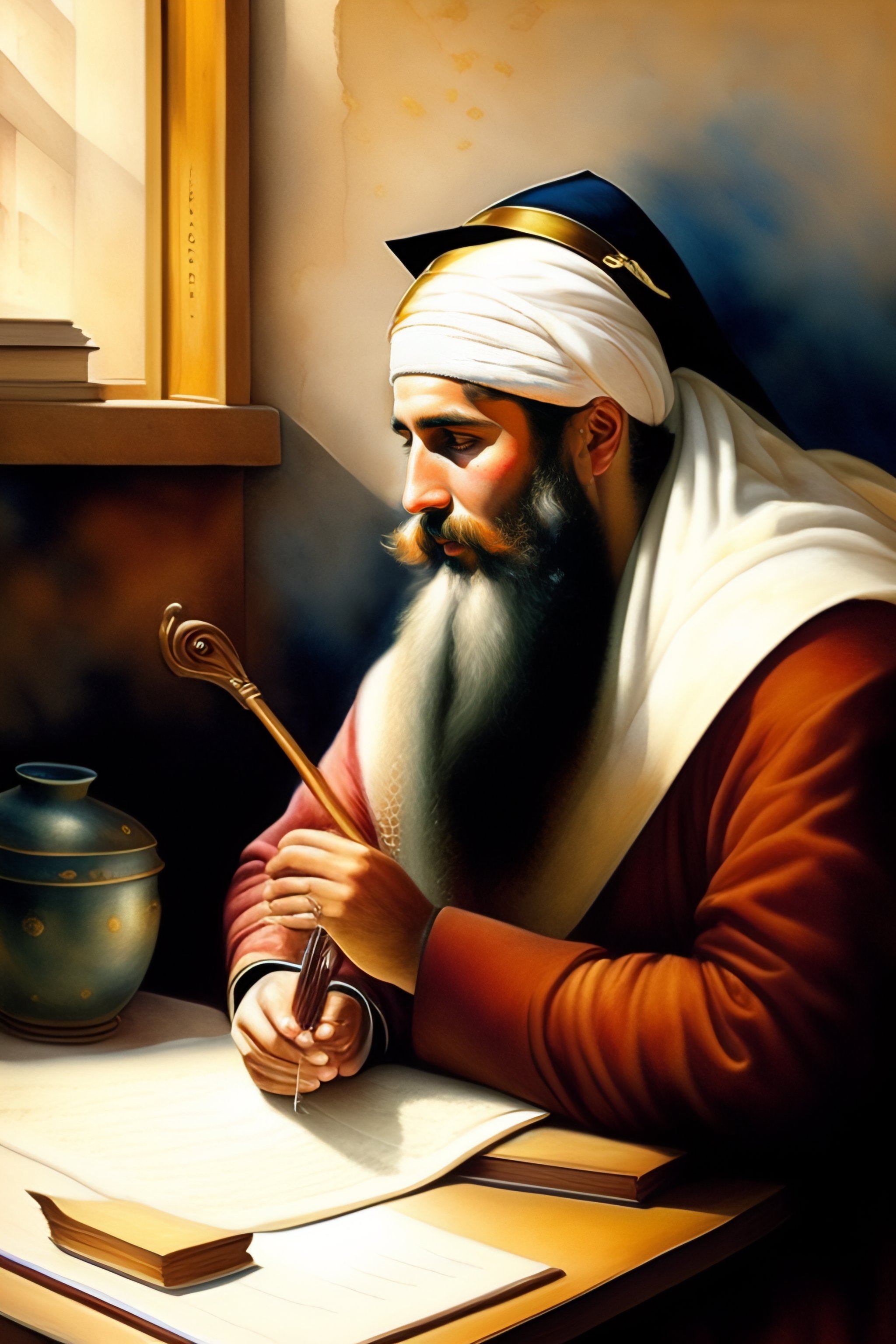 Lexica - Rabbin a Jérusalem étudiant la torah, aquarelle