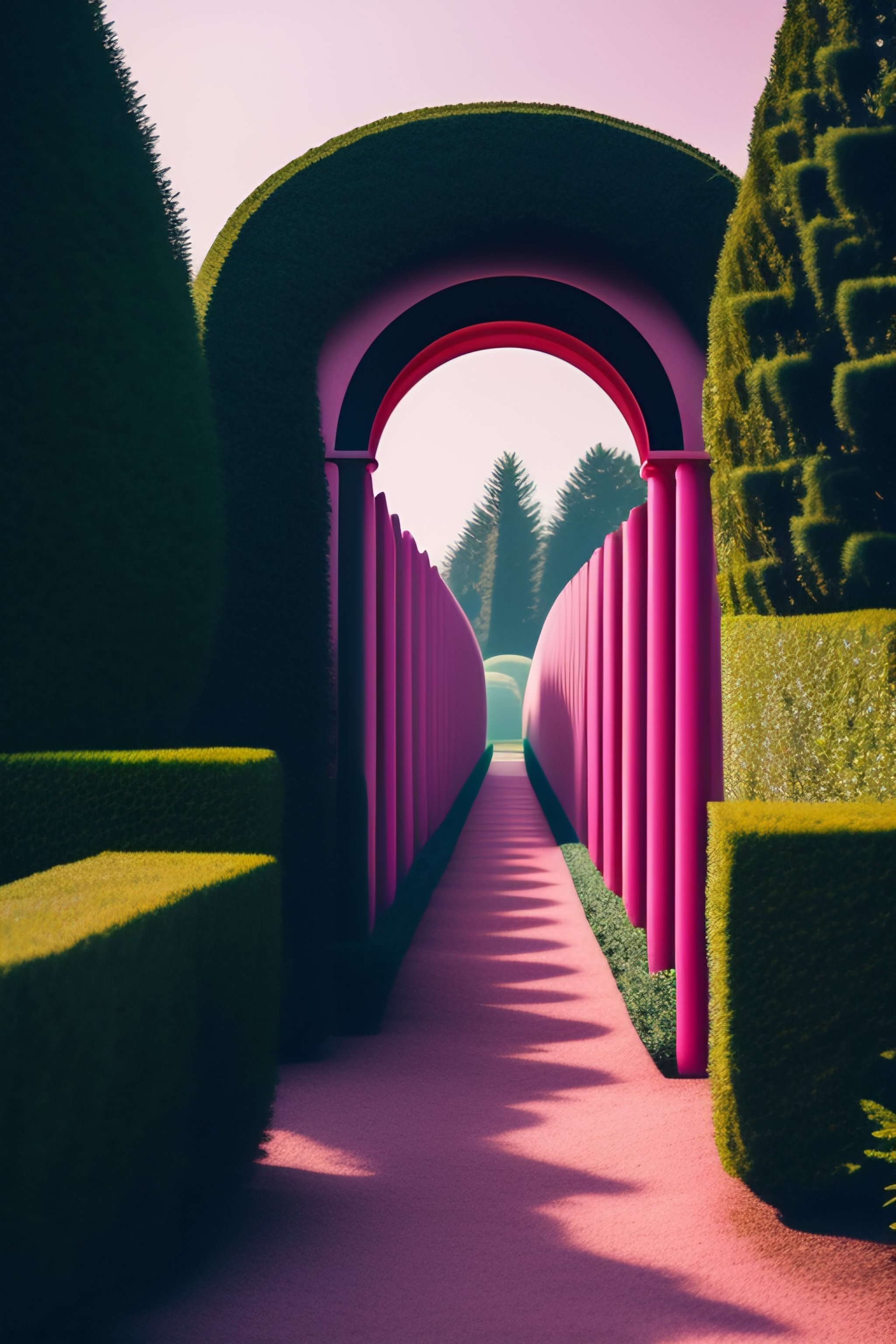 Lexica - Tall hedge maze, pink mist, minimal, vintage, scary