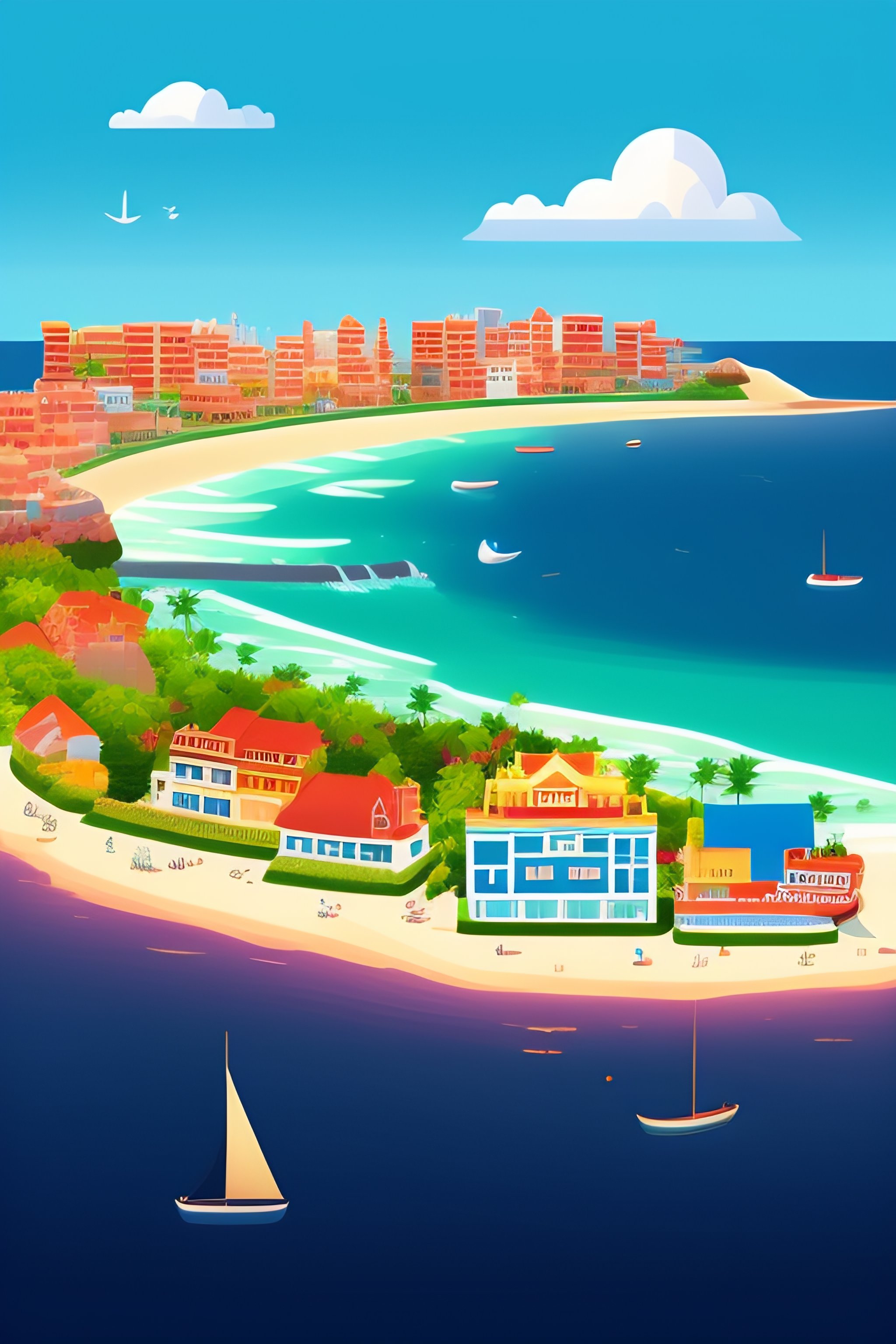 Lexica - Flat vertical view of a seaside village with various type of ...