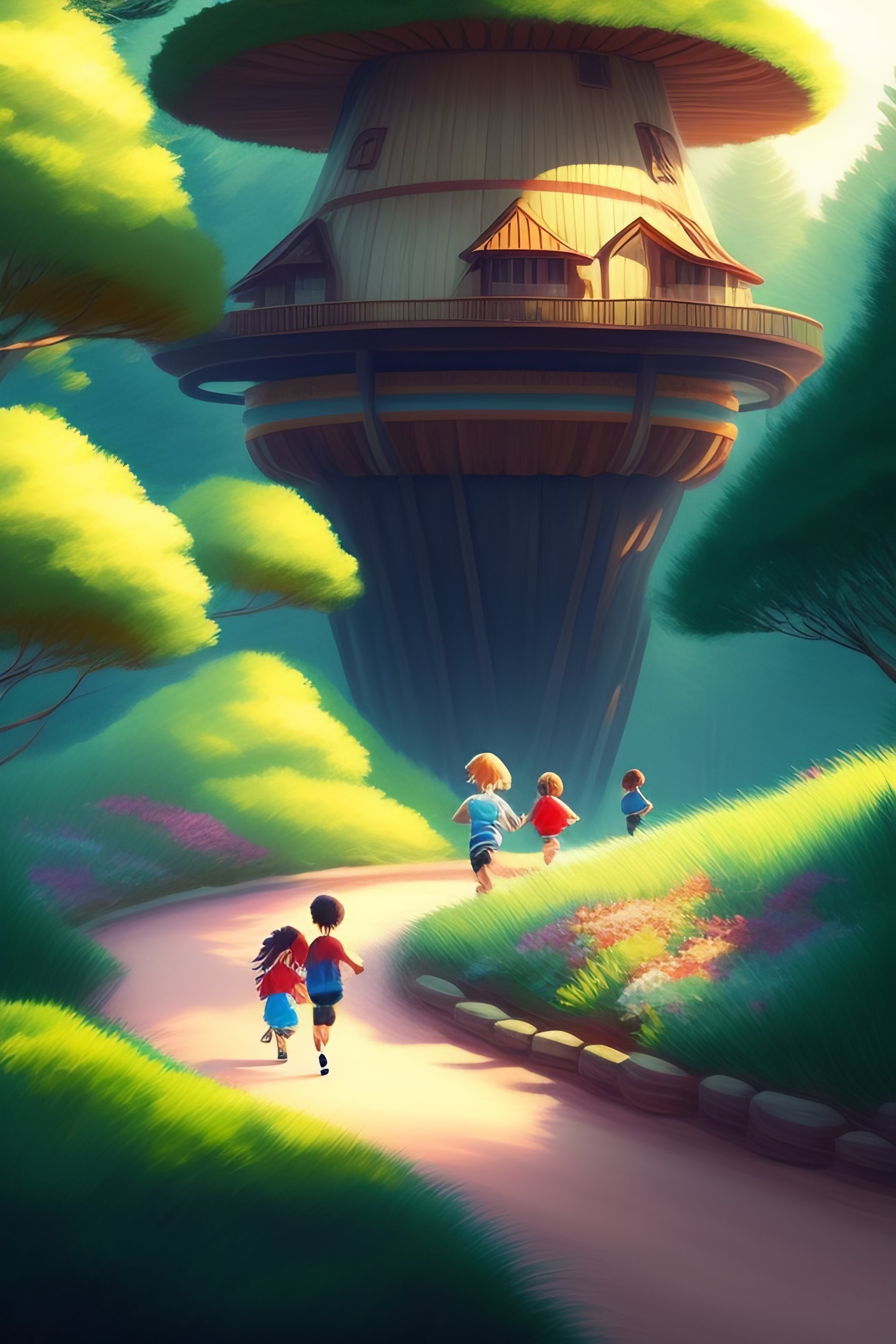 Lexica - Studio ghibli style. Wind mill. Forest. 5 kids running