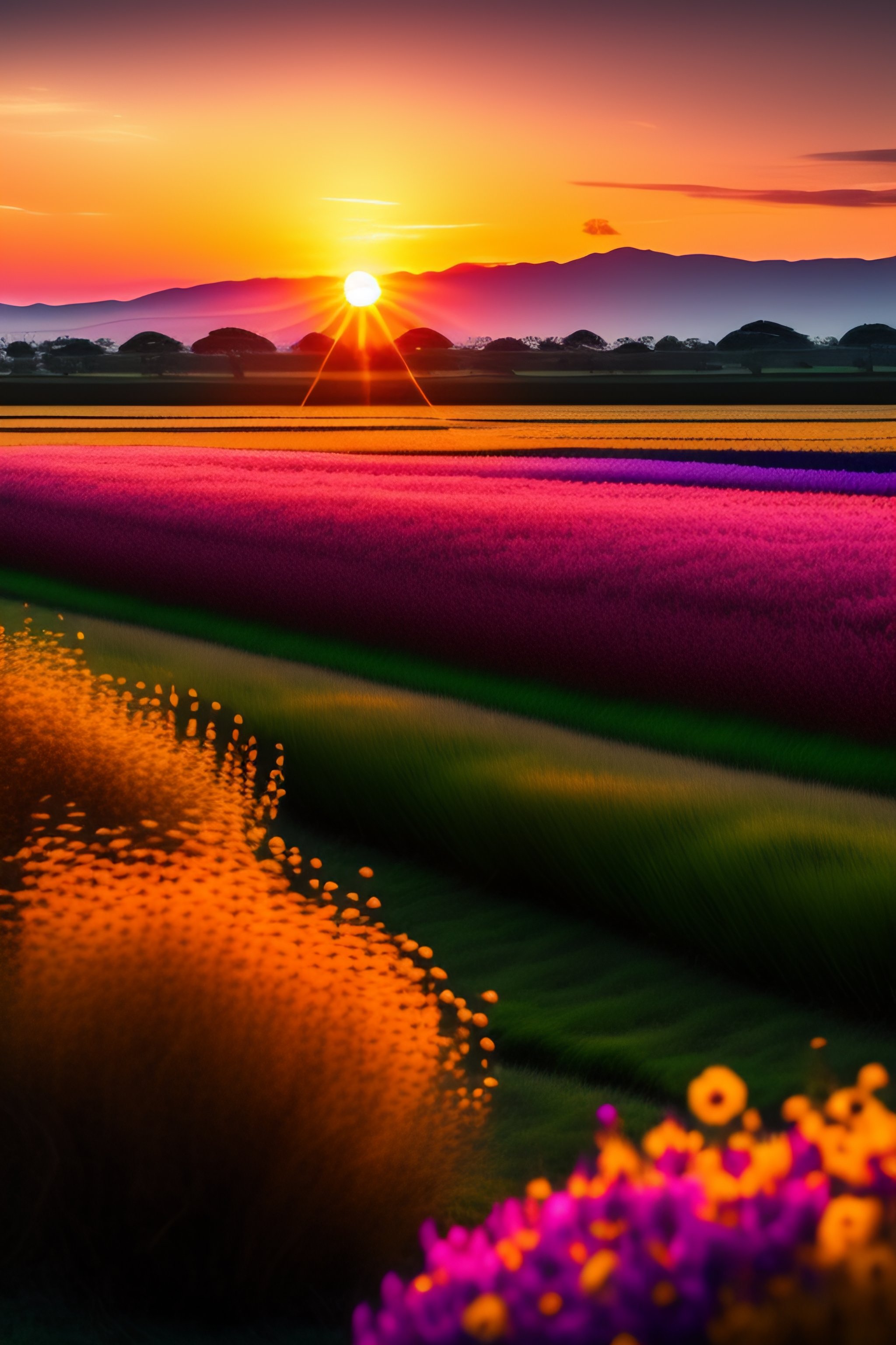 Lexica - Sunset over a heavenly flower garden rich in color with high grass