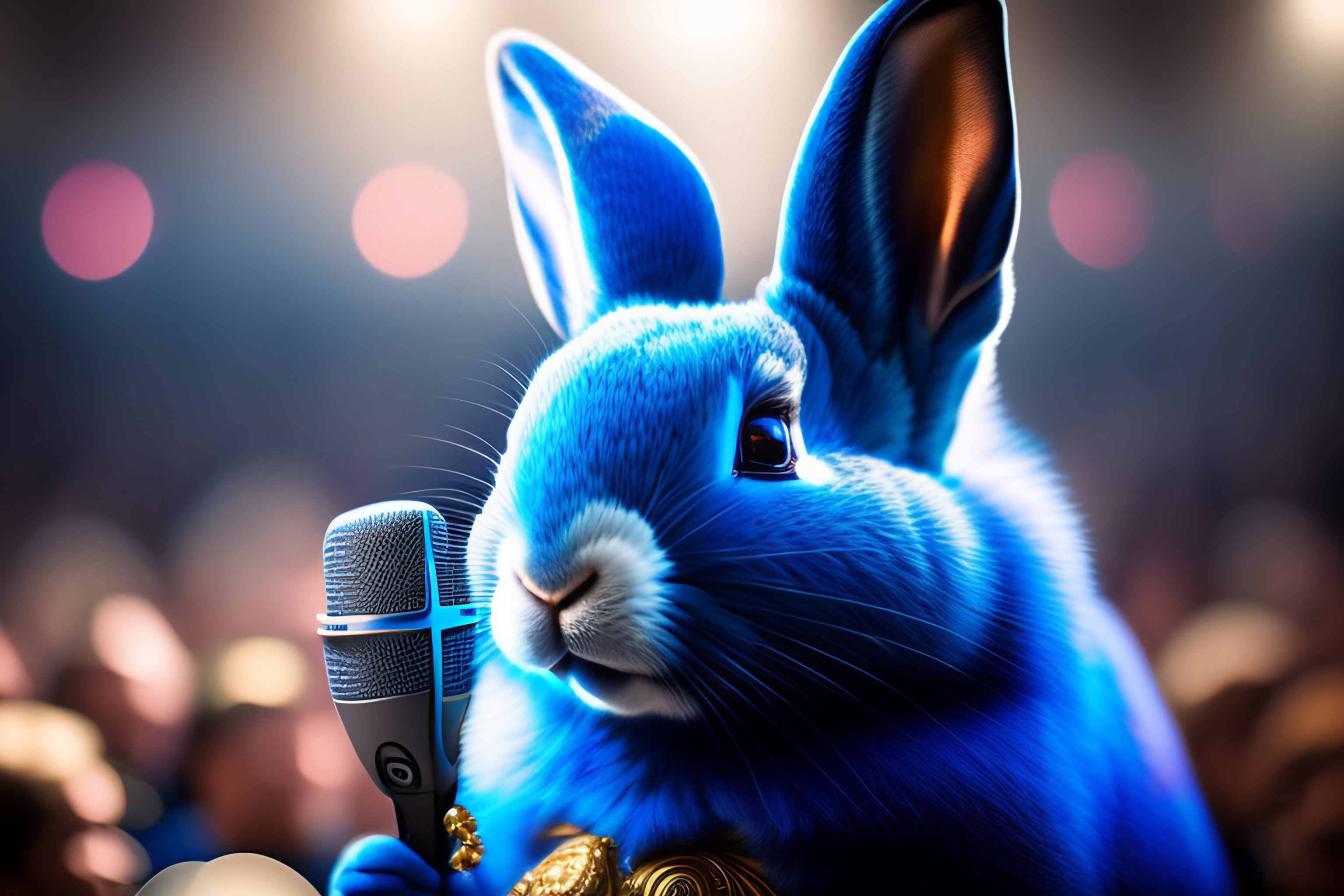 Lexica - Photo of a blue rabbit holding a microphone, standing on stage ...