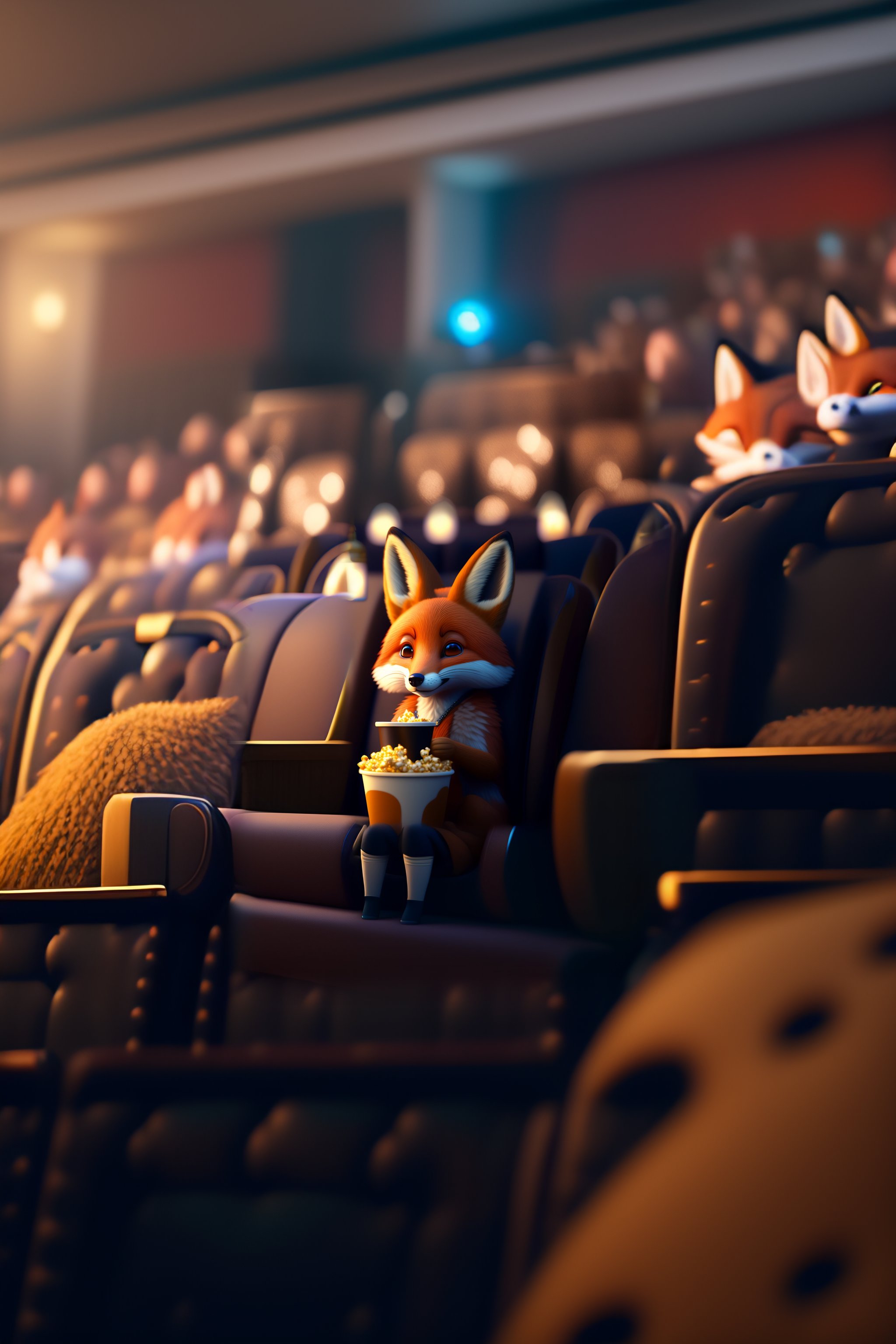 Lexica - Cute small humanoid Fox woman sitting in a movie theater ...