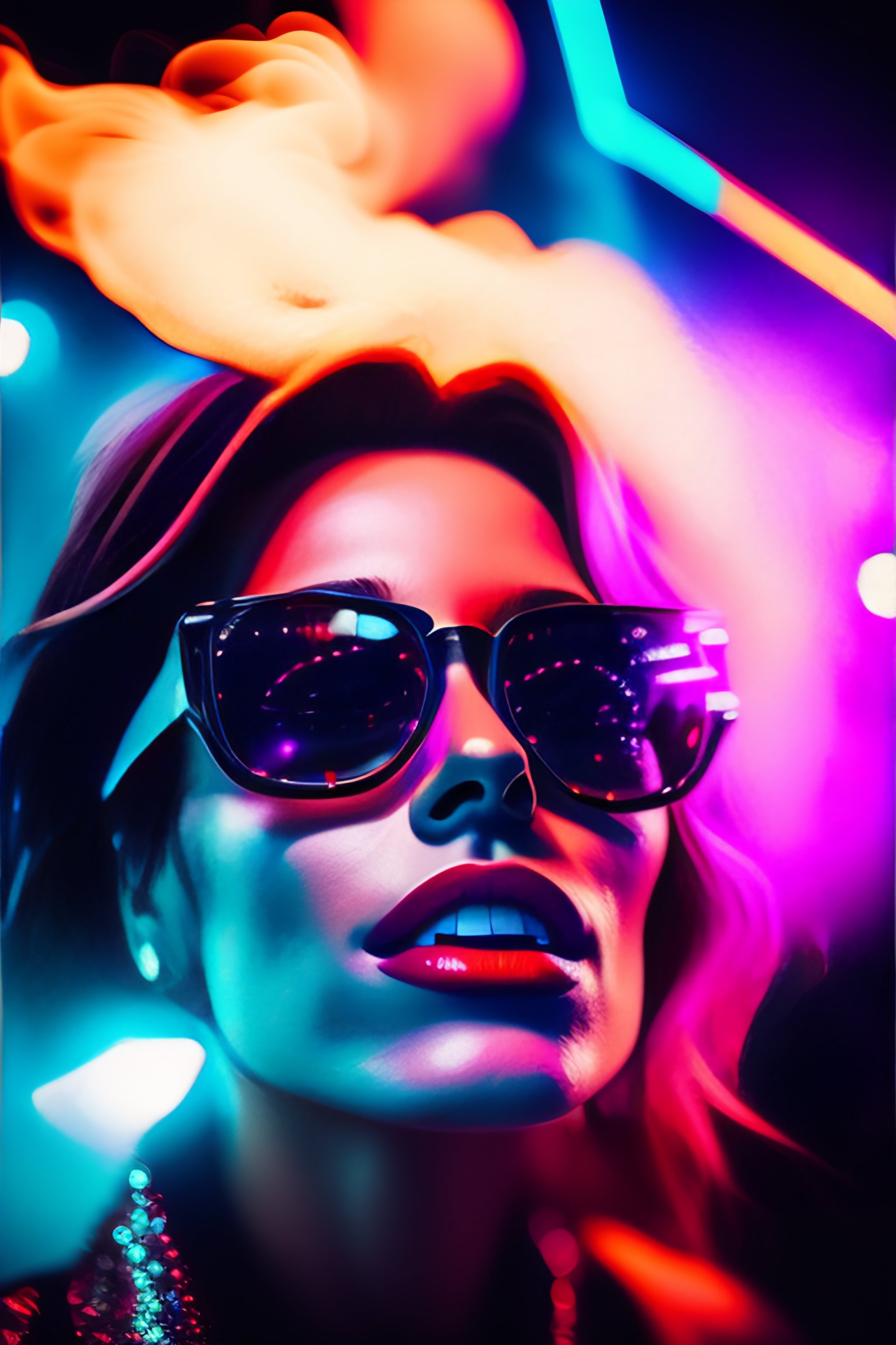 Lexica - A woman with sunglasses raving in a club with lasers and smoke