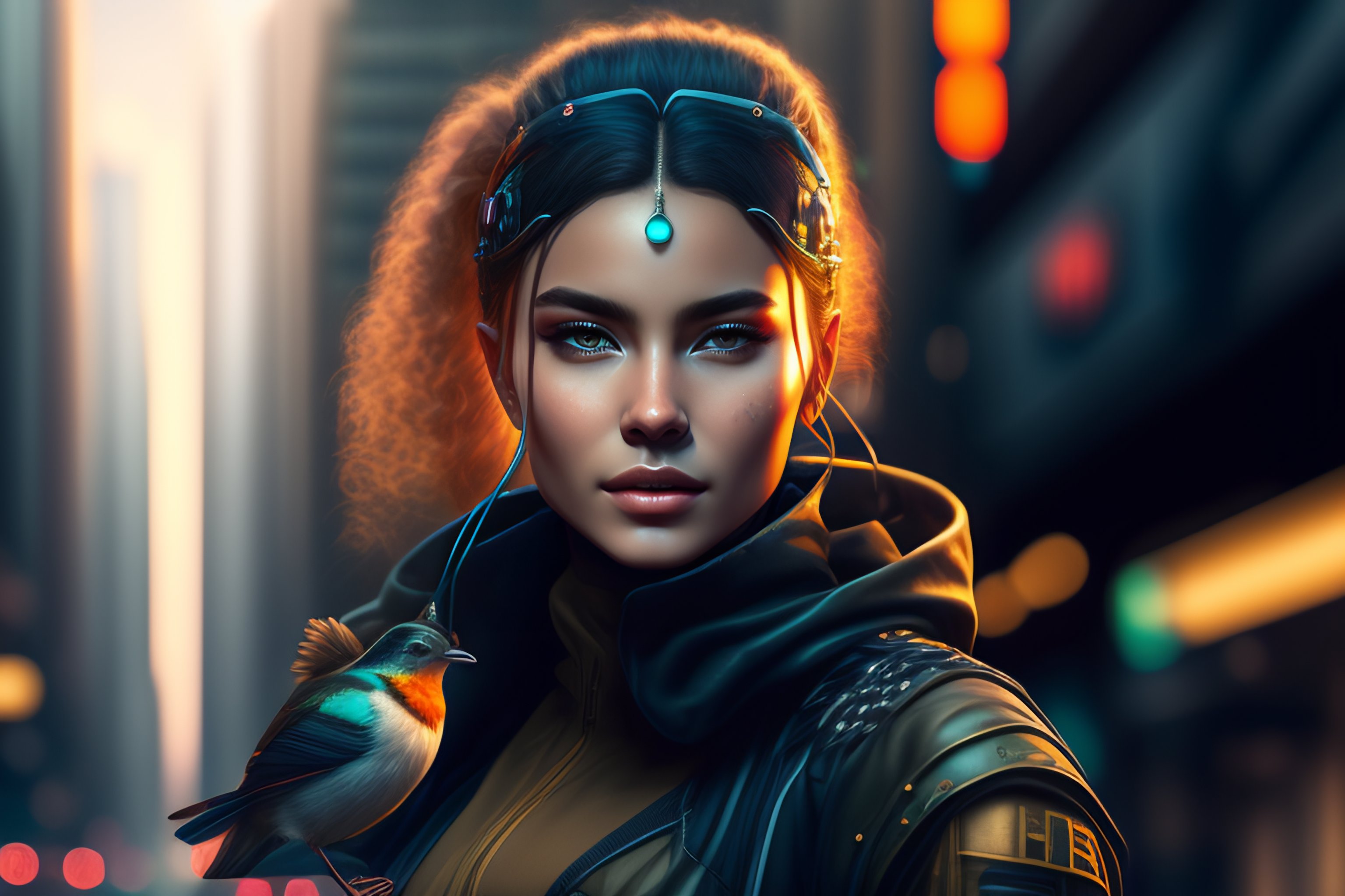 Lexica - Futuristic cyborg girl with a bird in her palm on city streets ...