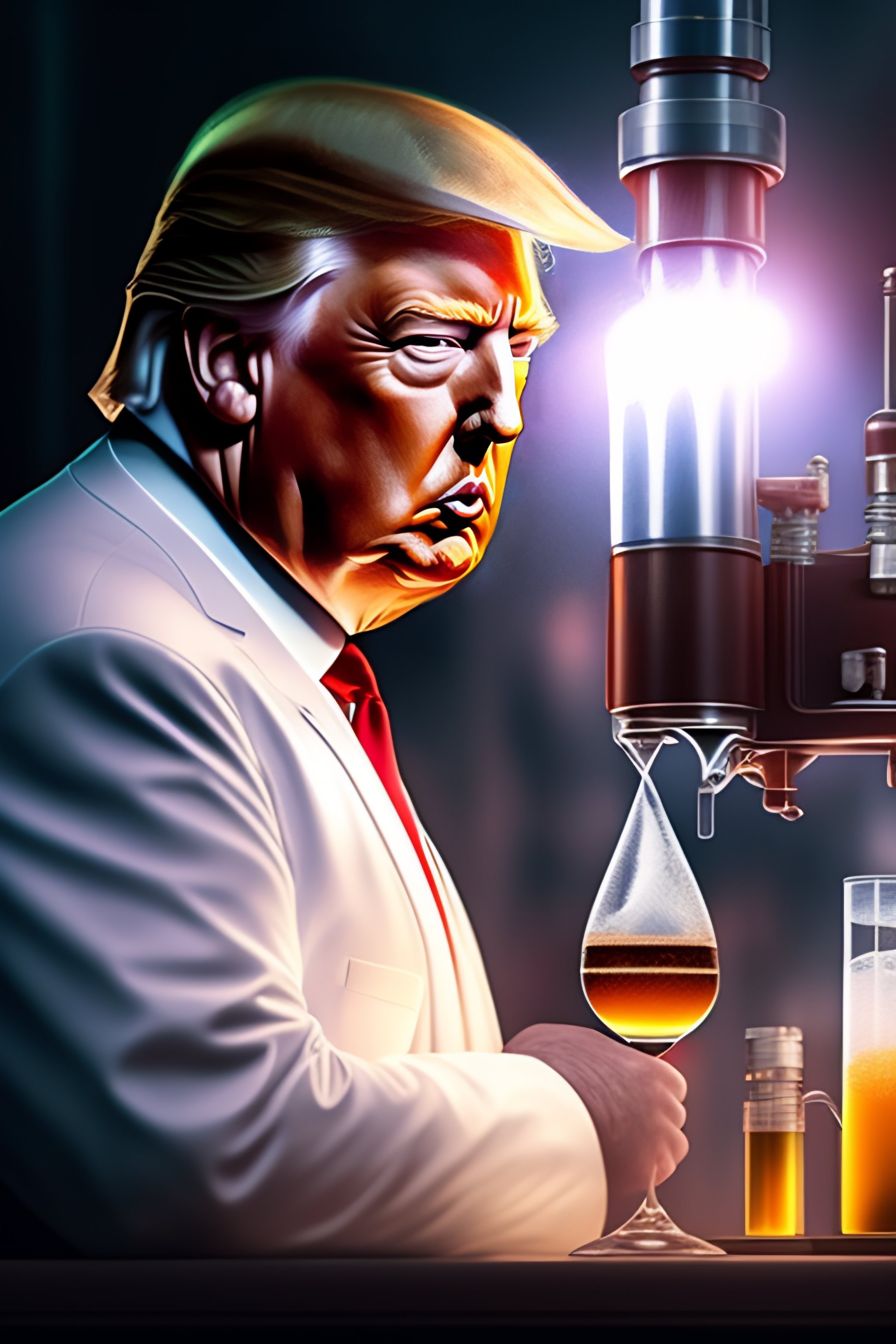 Lexica - Donald Trump holds a ehrlenmeyer flask at eye level, wearing a ...