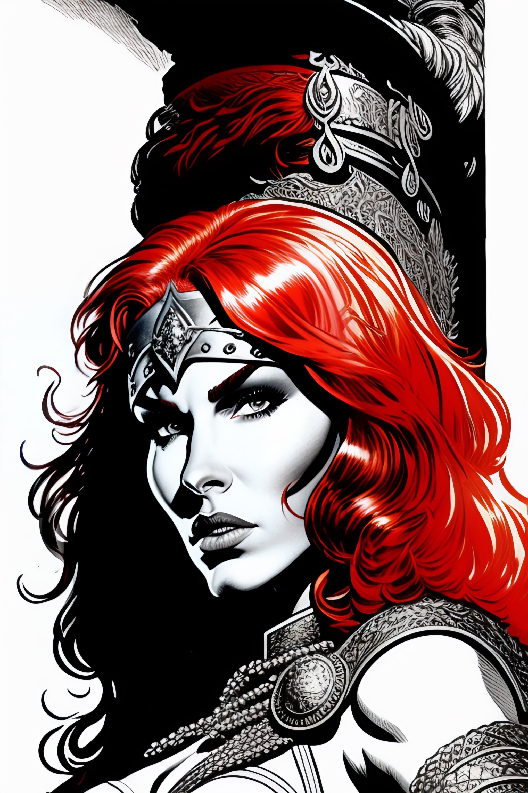 Lexica - A drawing of Red Sonja sharp focus, cross-hatching, ink marks ...