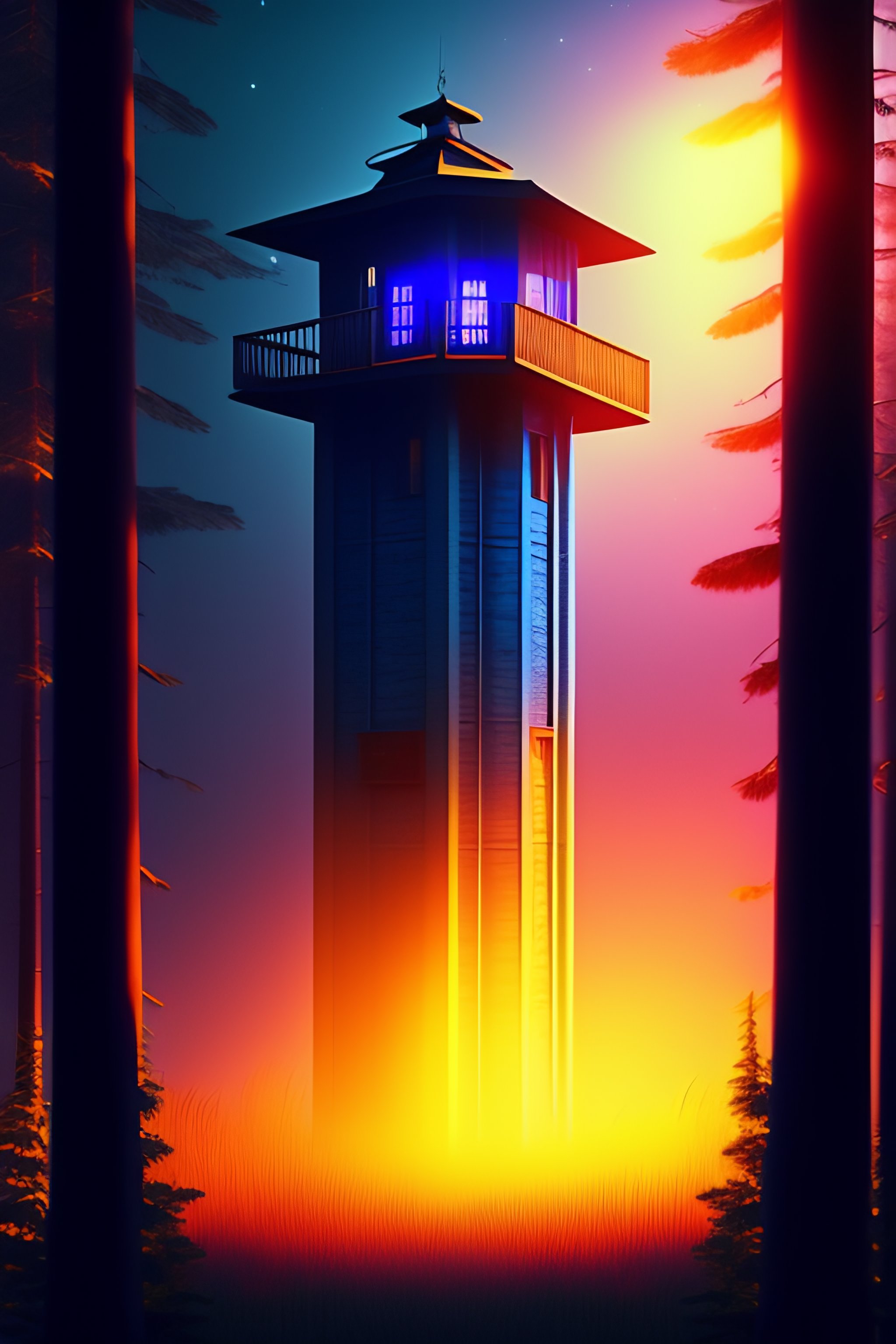 Lexica - A firewatch tower in the middle of the forest, in the night ...