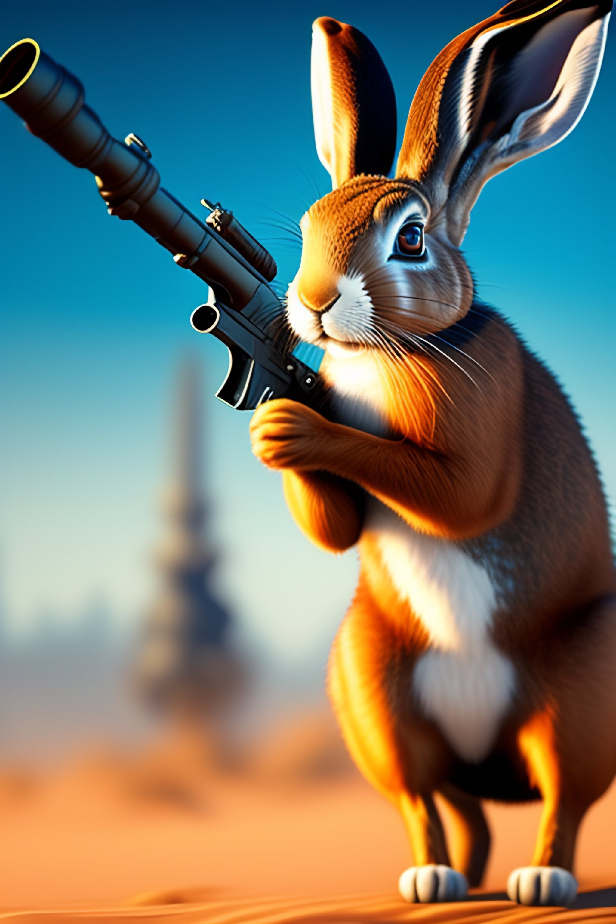 Lexica - A hare wielding a rocket-launcher from a video game.