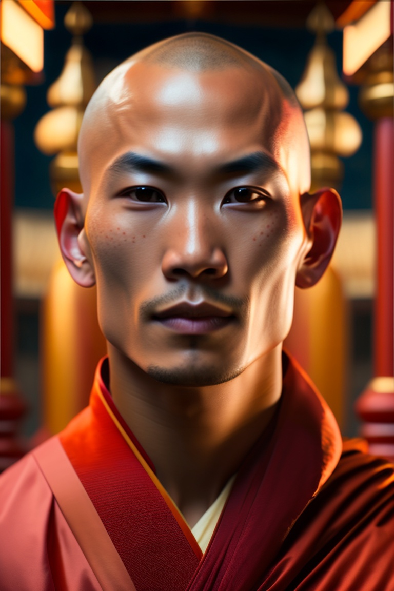 Lexica - A 35-year-old bald Buddhist monk stands confidently, gazing ...