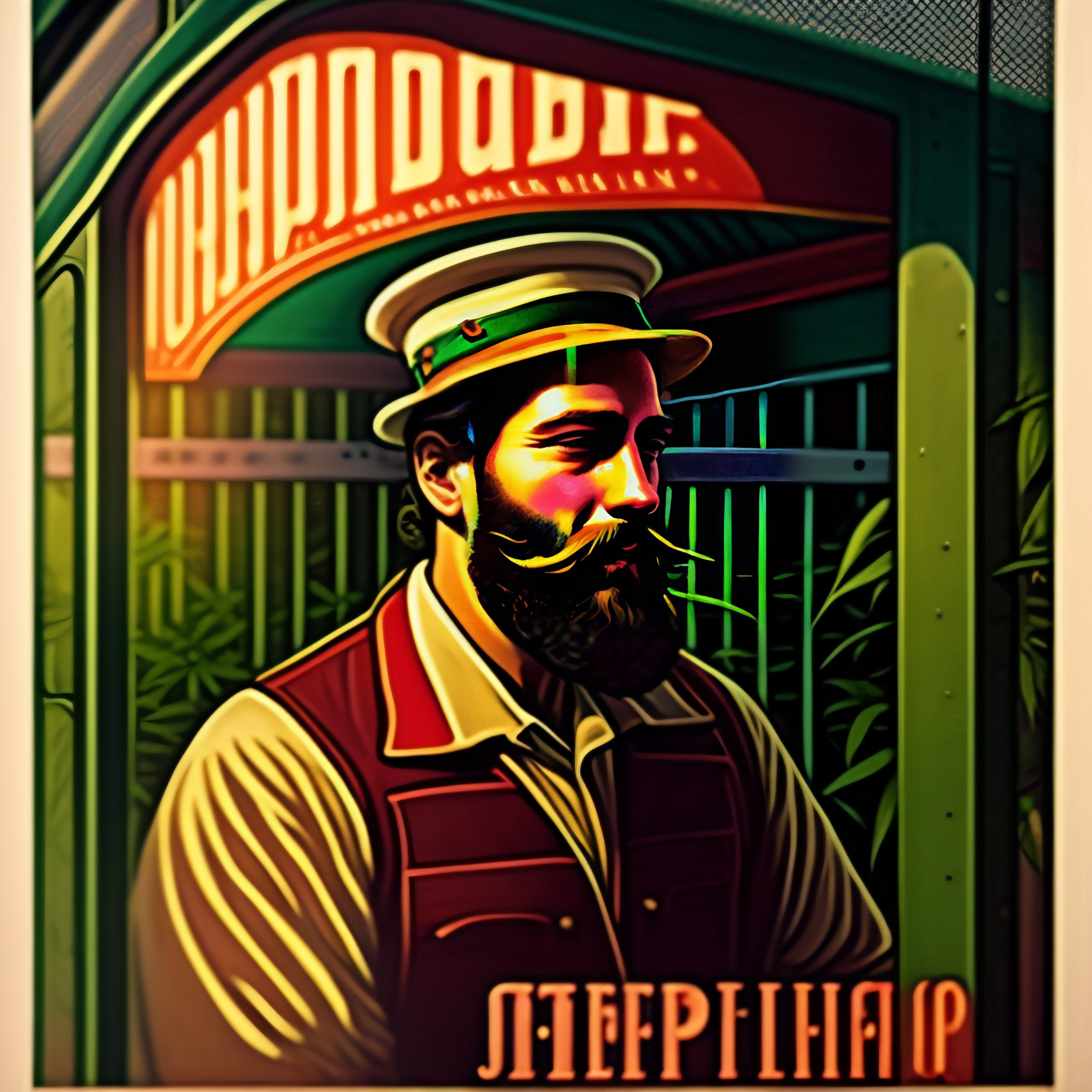 Lexica - Vintage poster of a Stoner man, in a Cannabis Greenhouse.