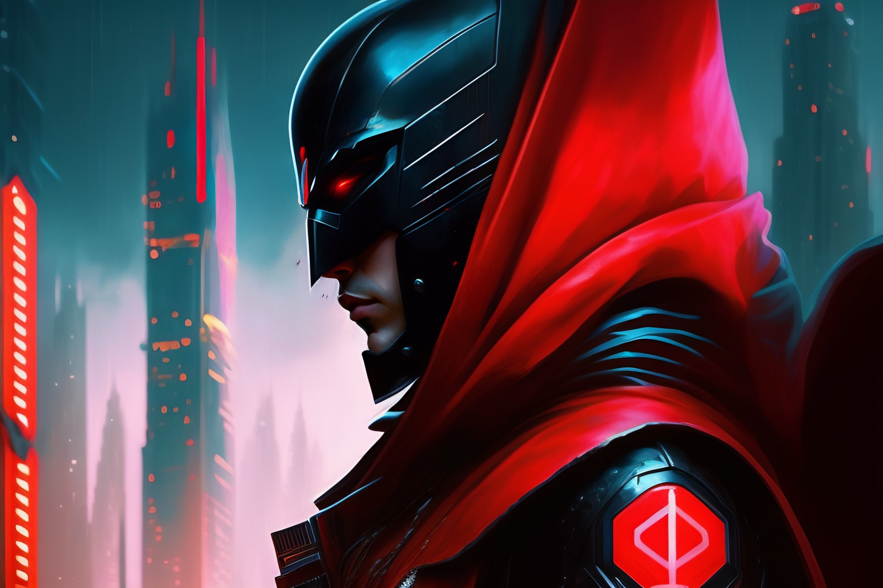 Lexica - Cyberpunk batman, red symbol, futuristic, brush strokes, oil ...