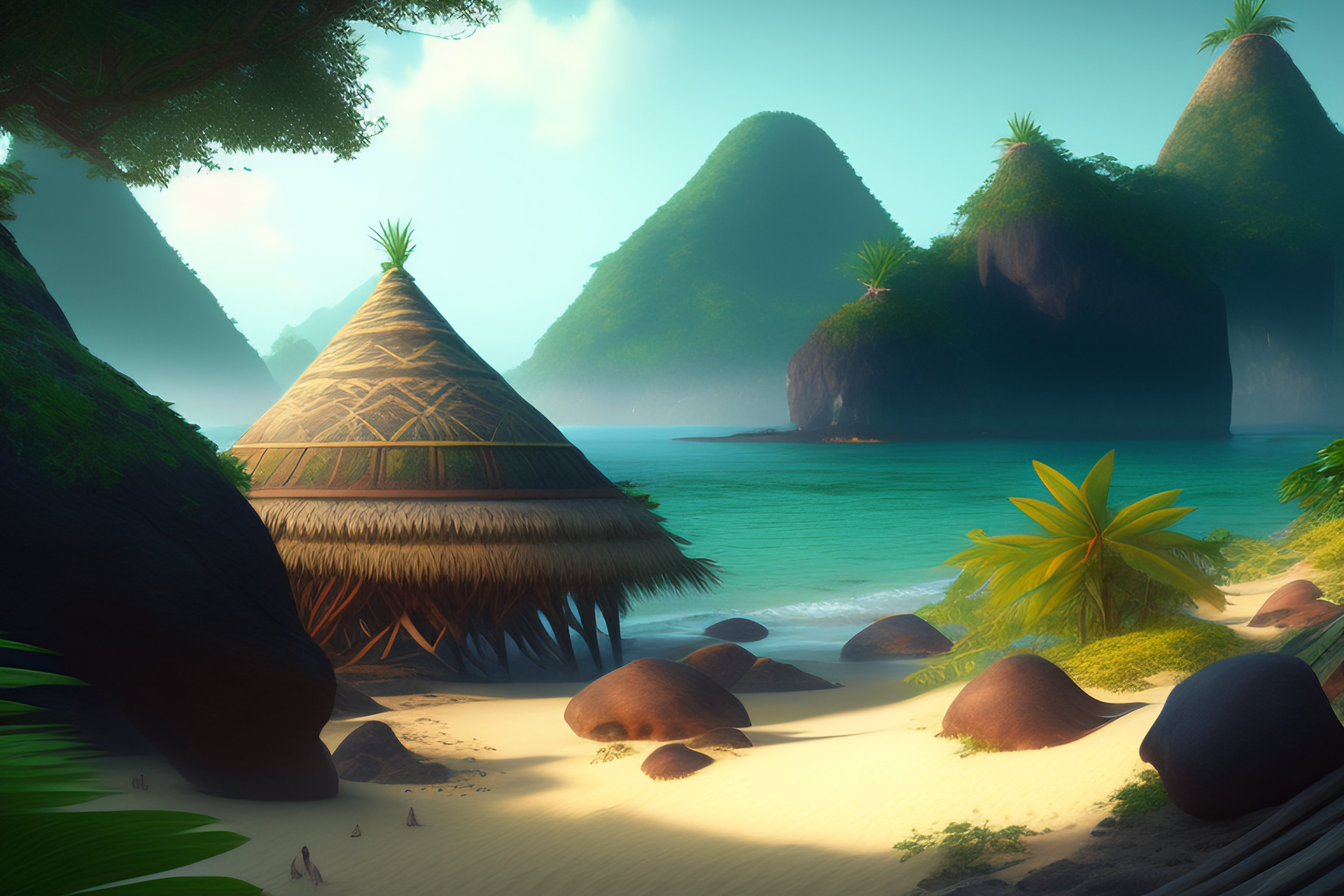 Lexica - Giant elven amerindian hut bamboo on tropical island beach ...