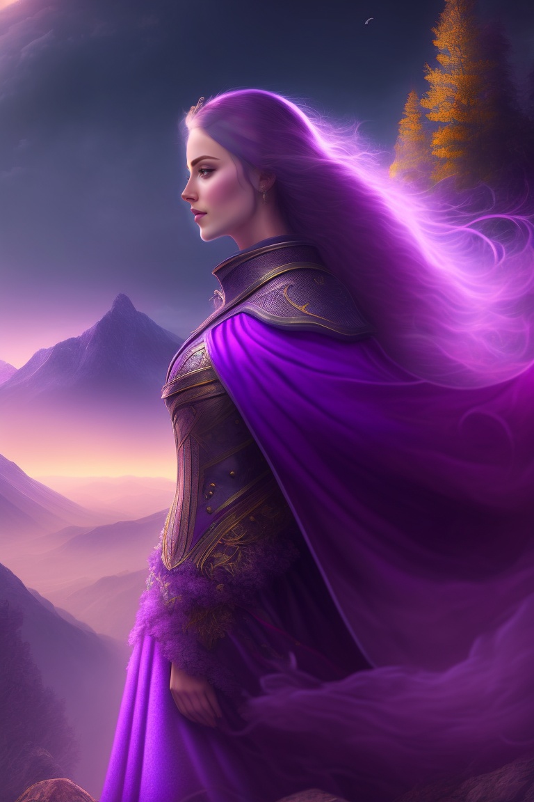 Lexica - Beautiful medieval woman on top of a moutain, purple mood