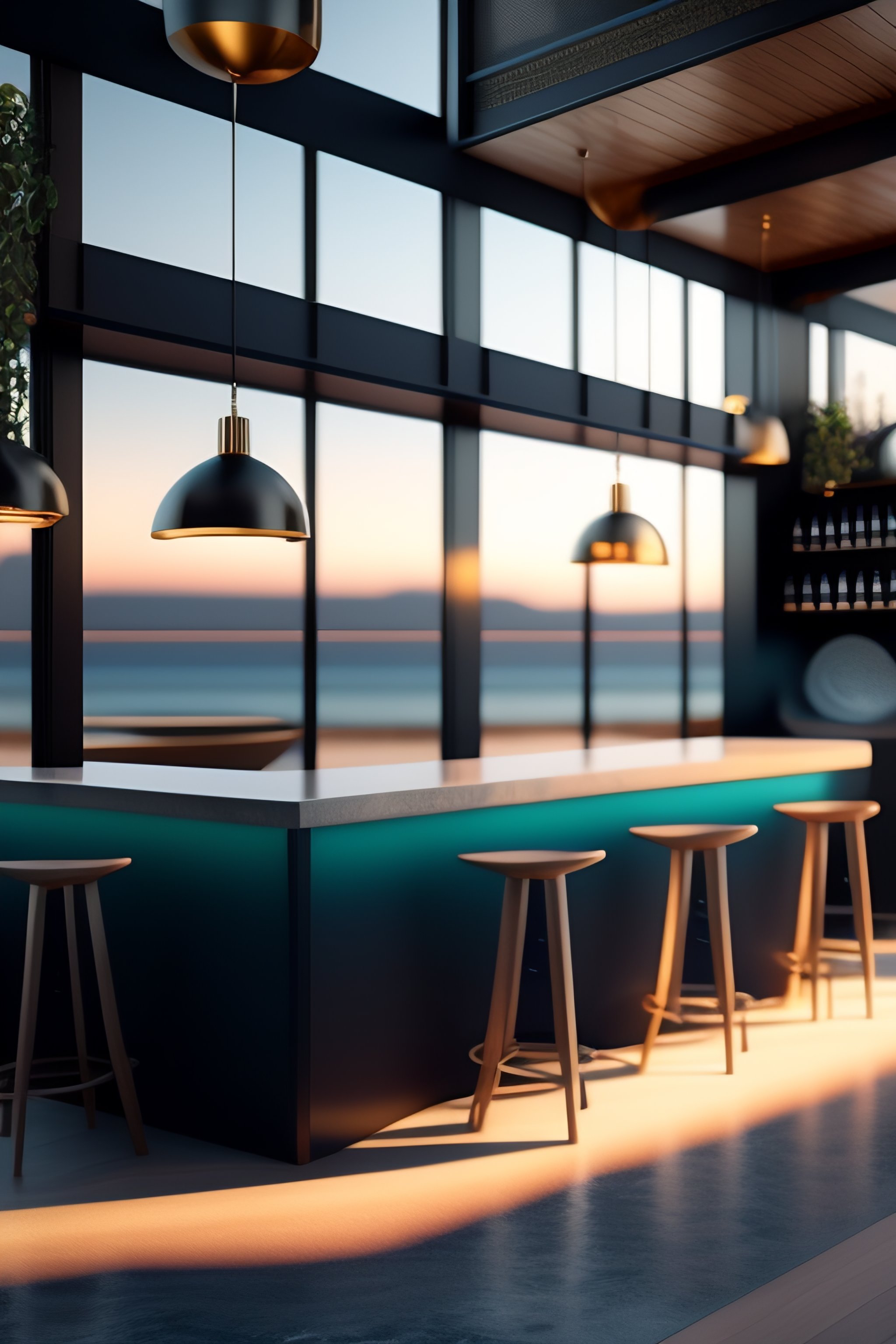 Lexica - C4d render, bar, sea themed, high end, design, modern,warehouse