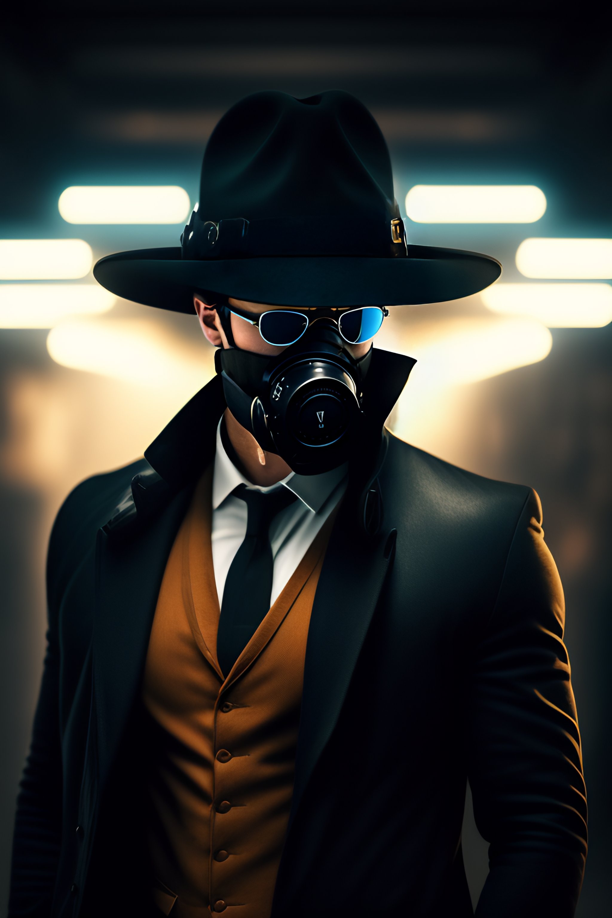 Lexica - Detective, fedora hat, black trenchcoat, gasmask, sunglasses ...