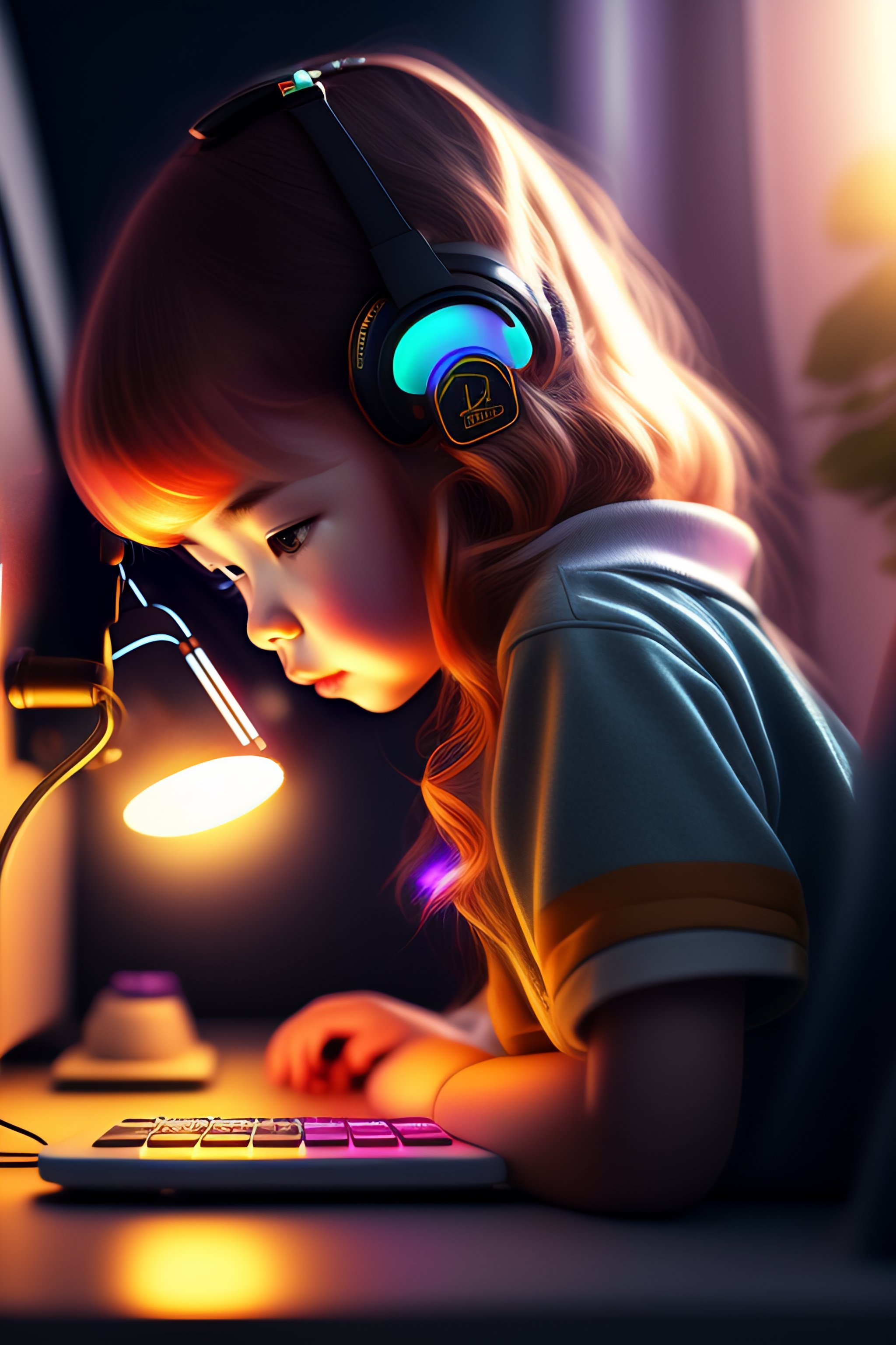 Lexica - Photo of cute young rblack girl gaming at her desk in bedroom ...