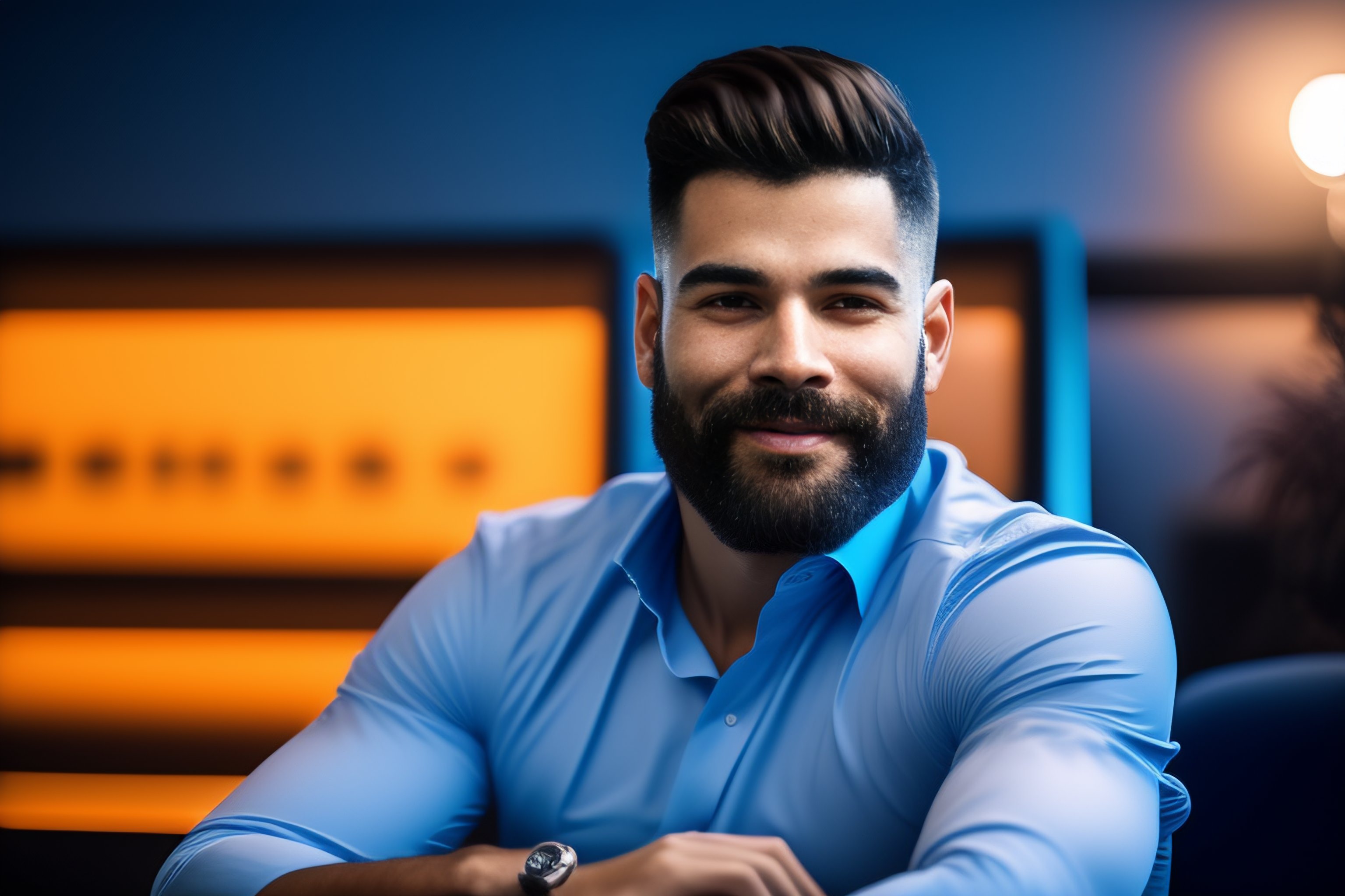 Lexica - Portait of a technology man with short beard and blue ...