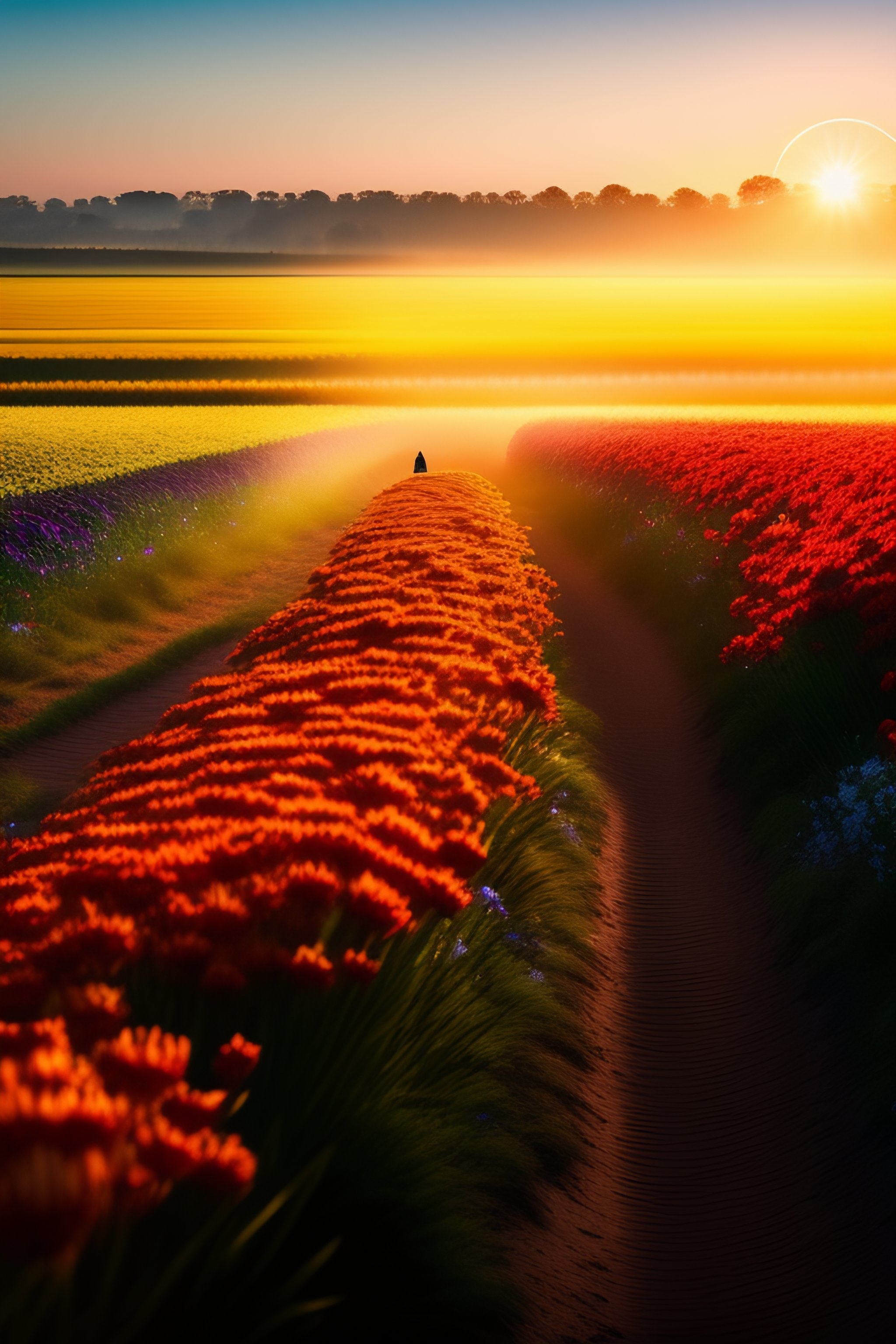 Lexica - Giants walkings through large field filled with flowers at dawn