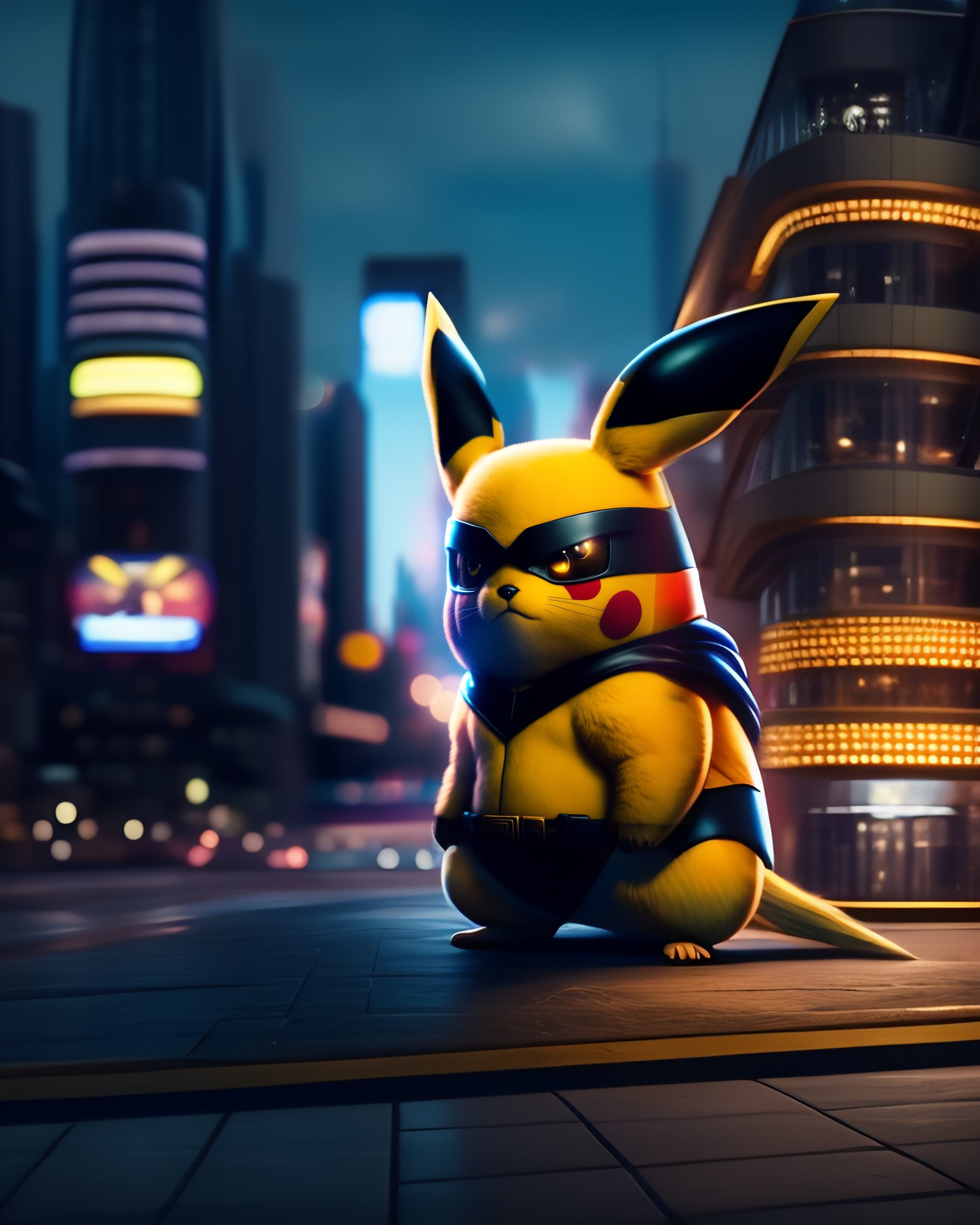 Lexica - Movie shot of pikachu as superhero with suit in pokemon city ...