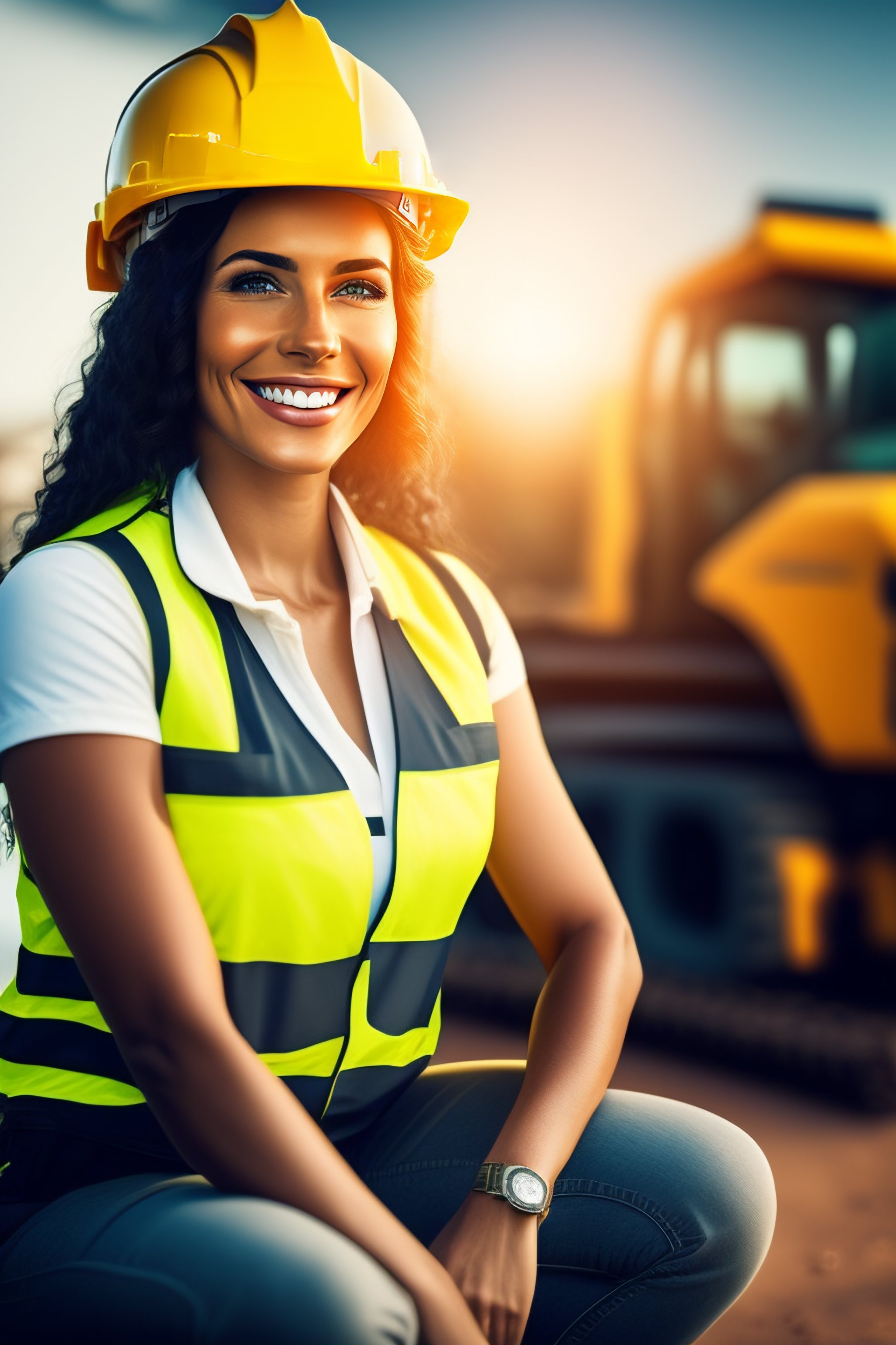 Lexica - Smiling female arms crossed in a construction worker costume