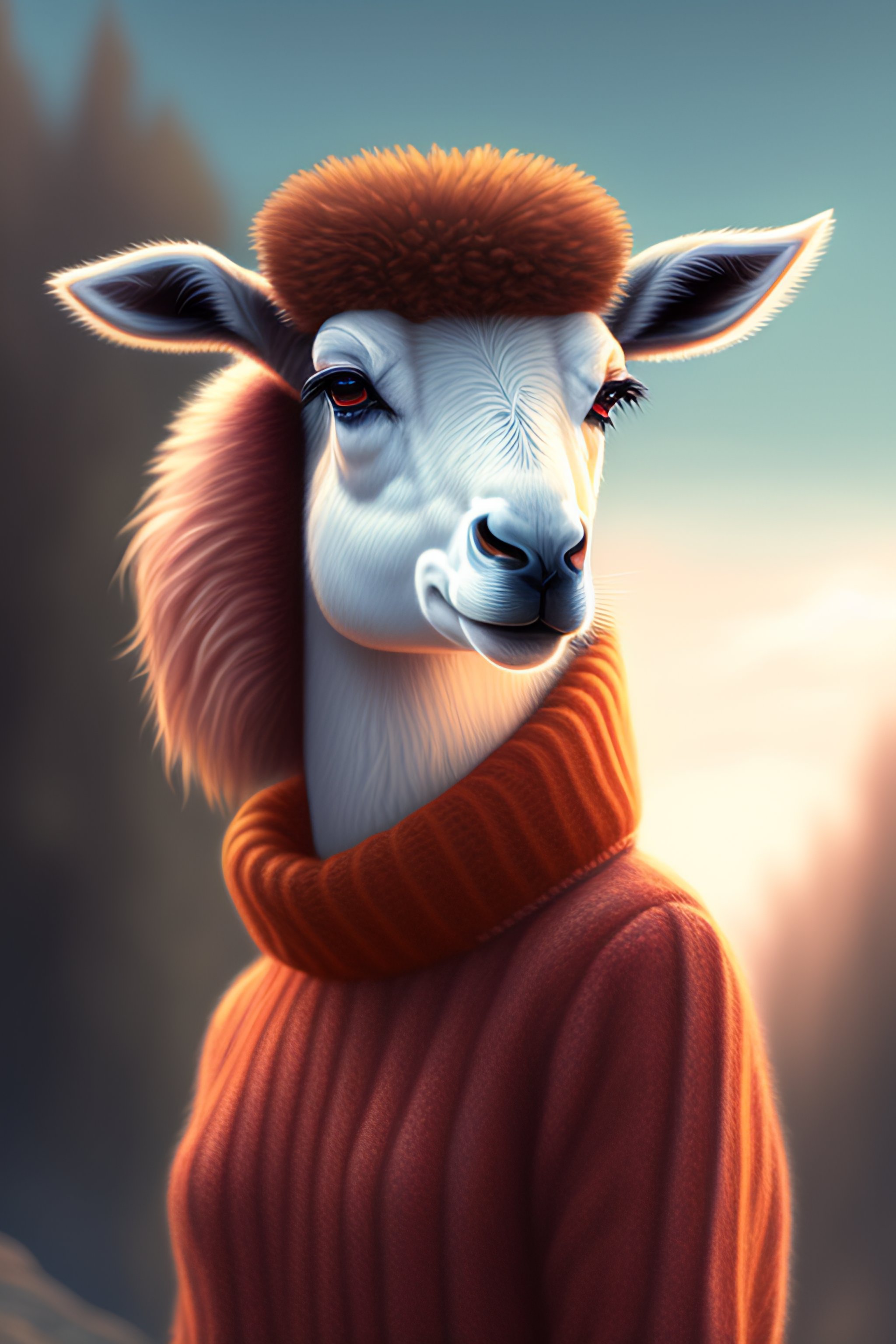 Lexica - Female anthropomorphic llama in sweater outfit, realistic ...