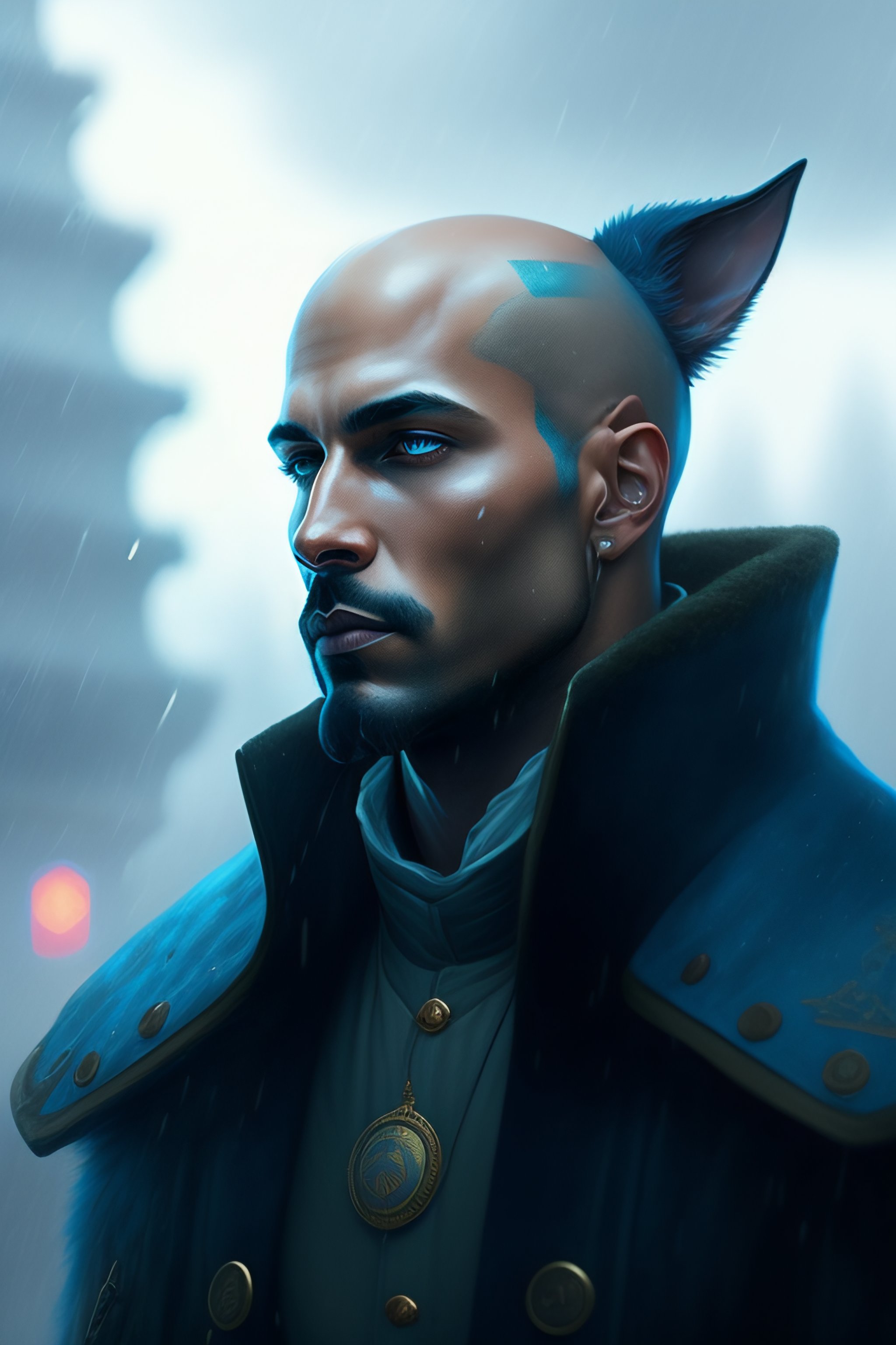 Lexica - Detailed illustration of a bald blue man with a wolf pack ...