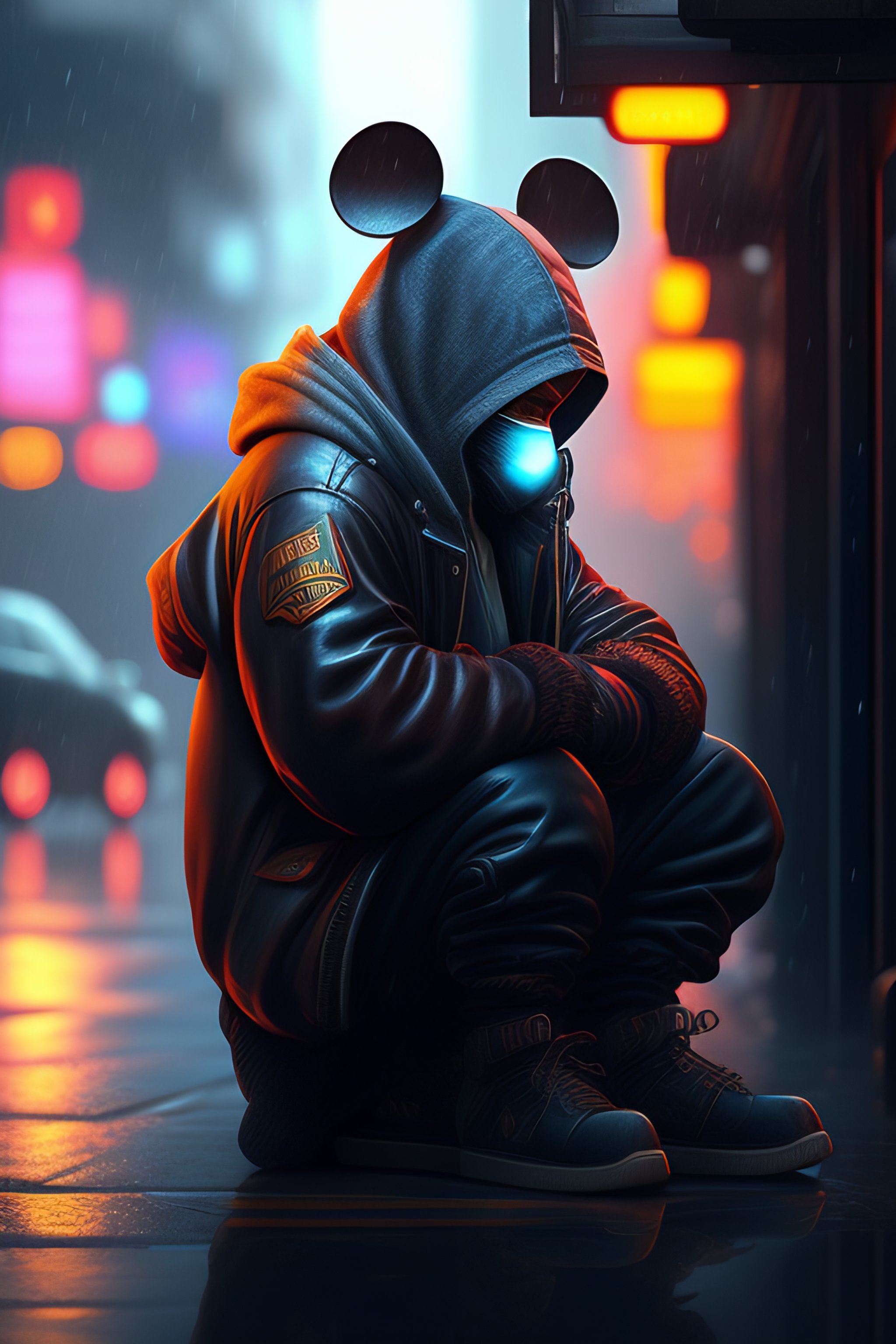 Lexica - Homeless mickey mouse sitting dejected on a curb, bottles at ...