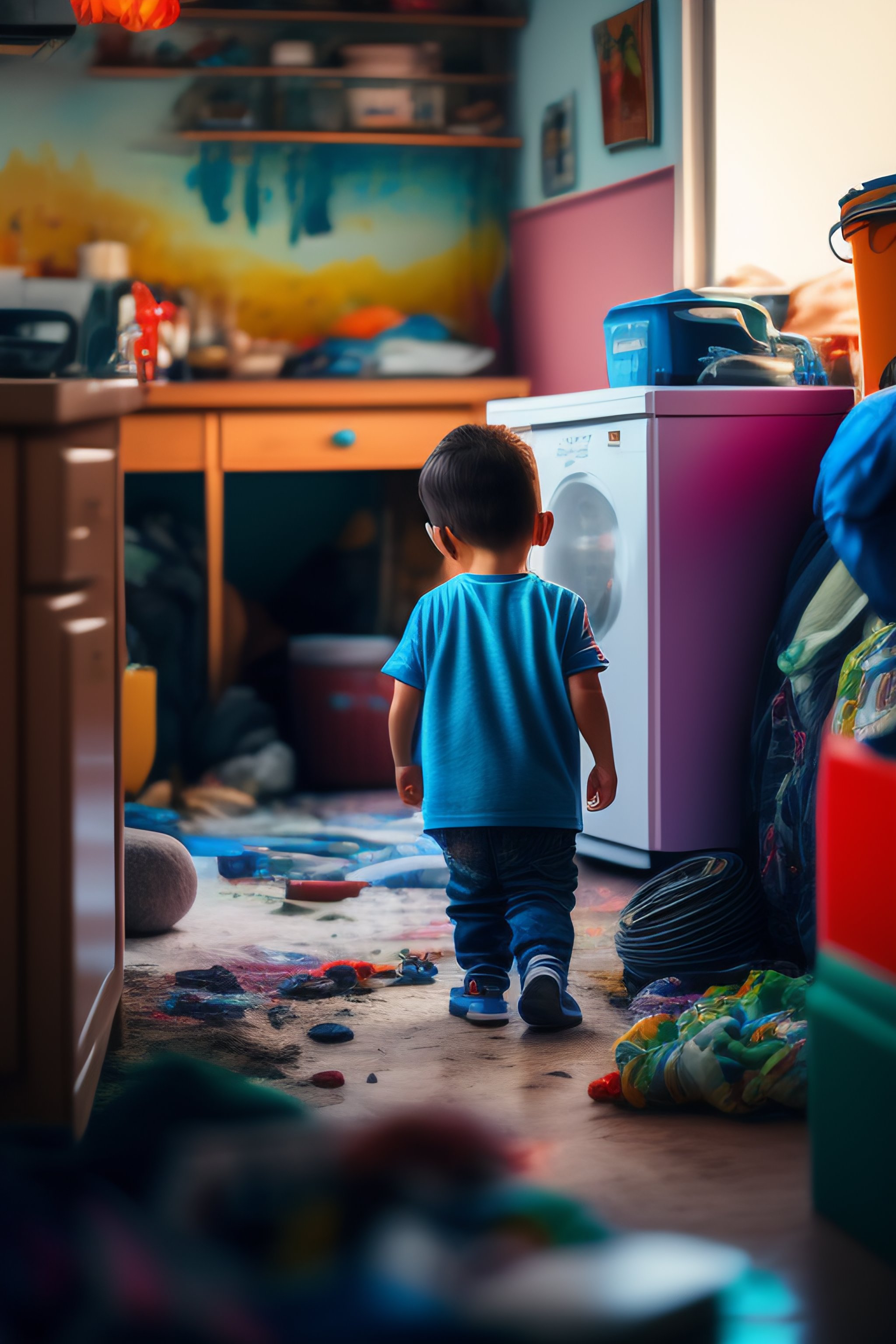 Lexica - Wide angle little boy in messy cluttered house, chaotic cabin ...