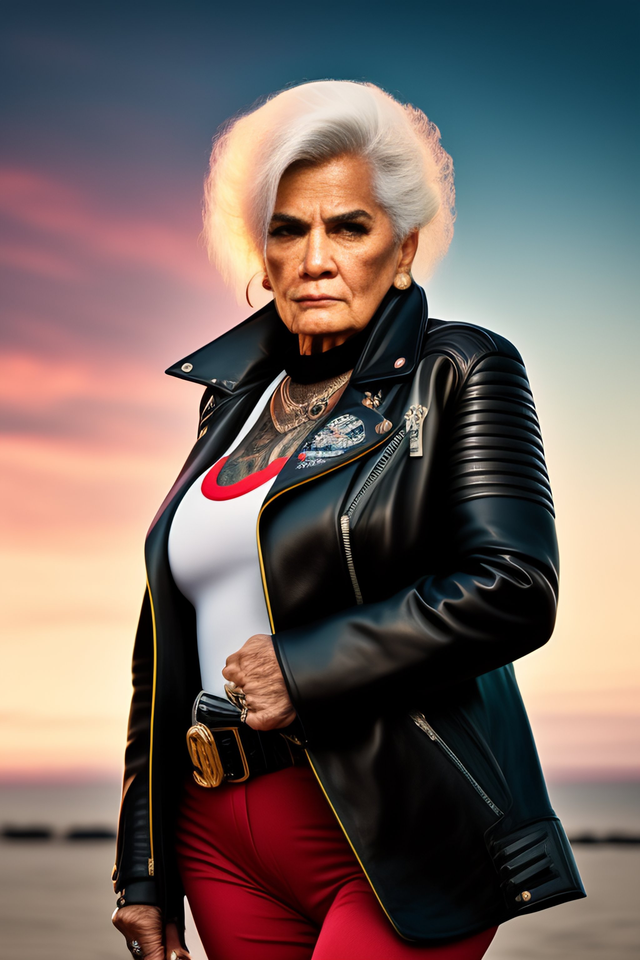 Lexica - Portrait of a grumpy mean scowl old woman biker tattoos ...