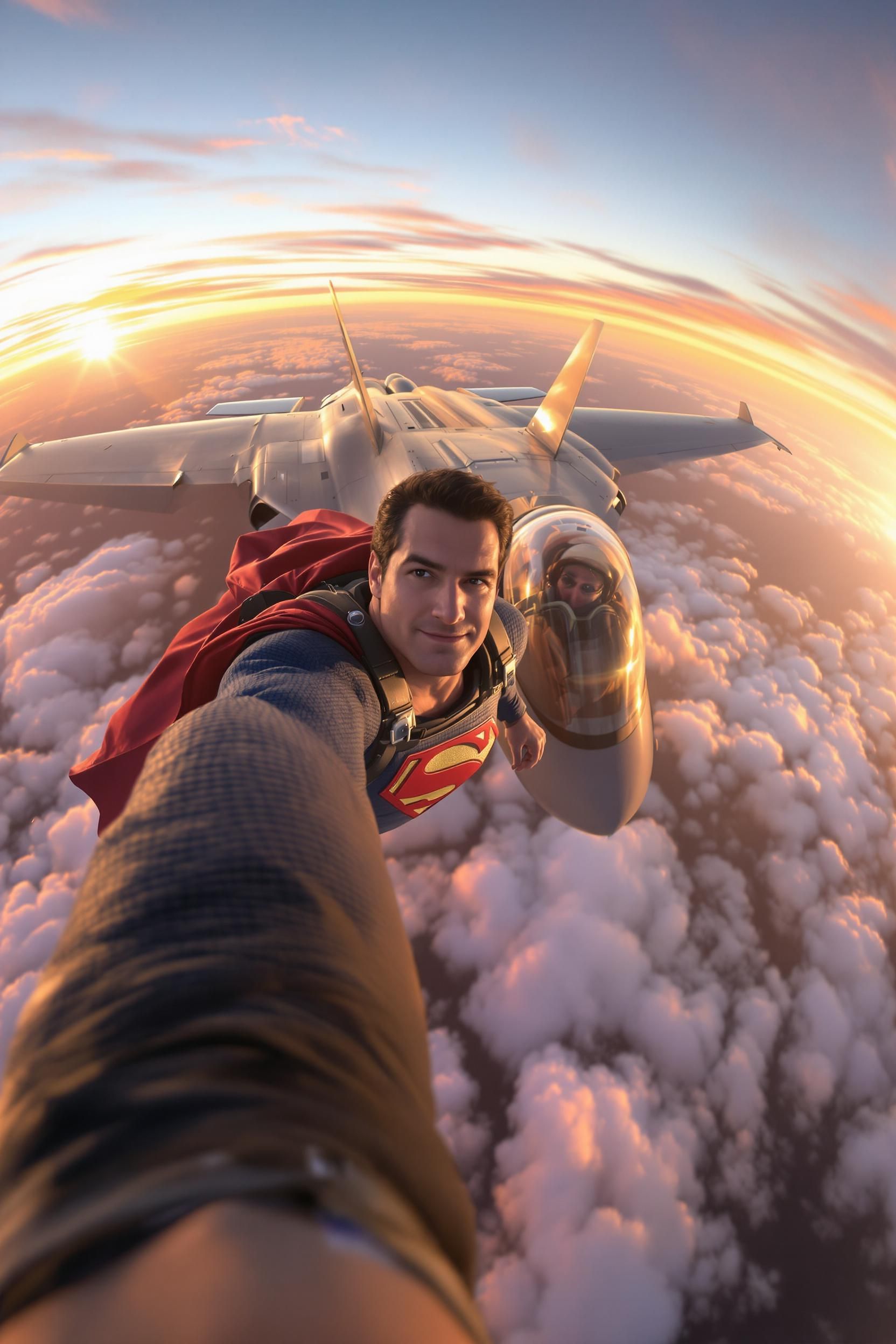 Lexica - Superman flying alongside a plane, this is a selfie, his arm ...