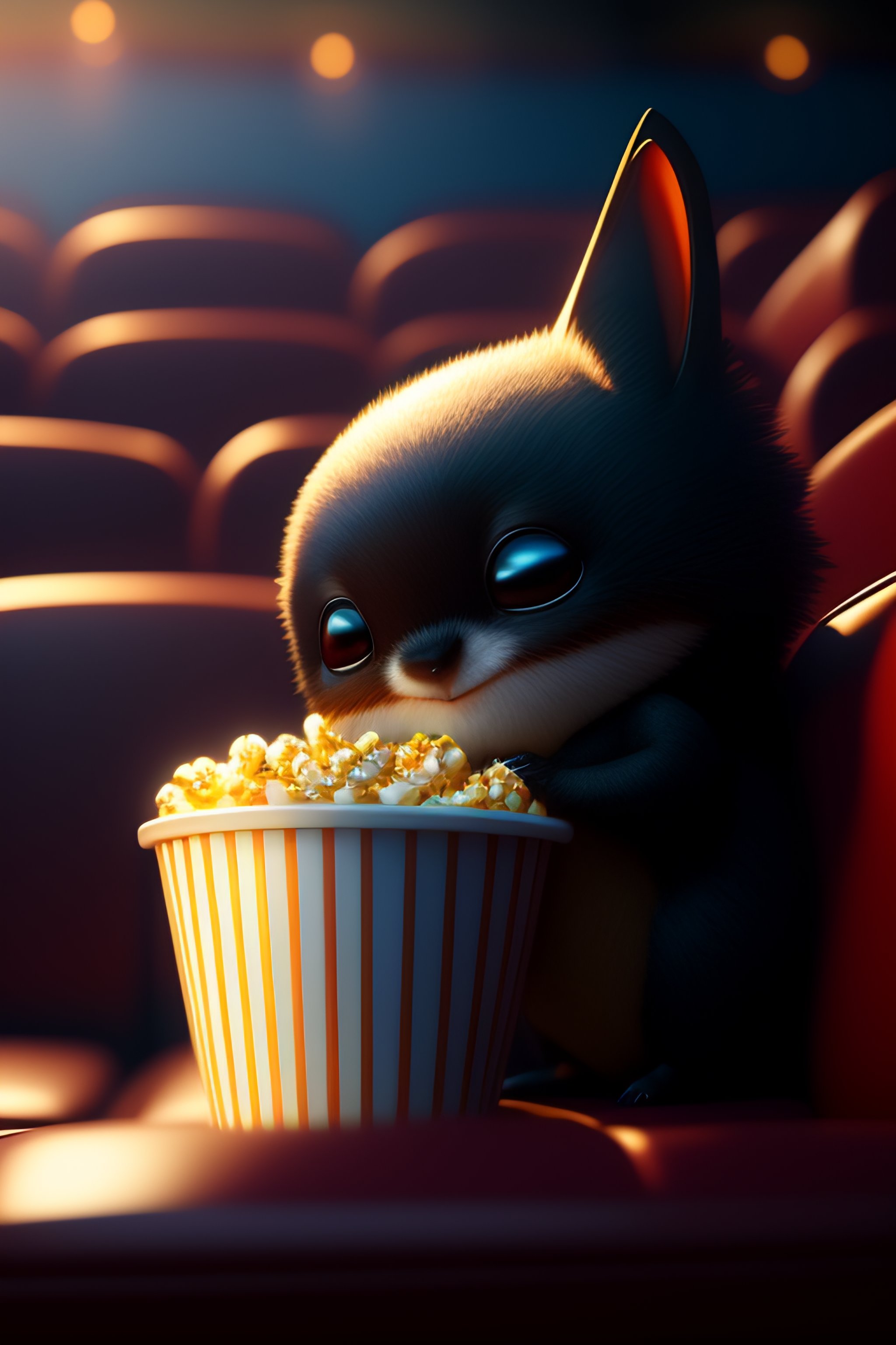Lexica - Cute small humanoid bat sitting in a movie theater eating ...