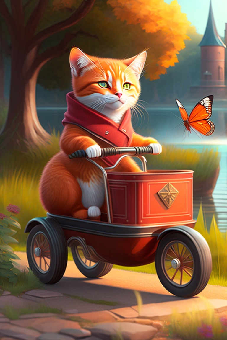 Lexica - Red cat riding a tricycle in the park near the lake, pixar ...