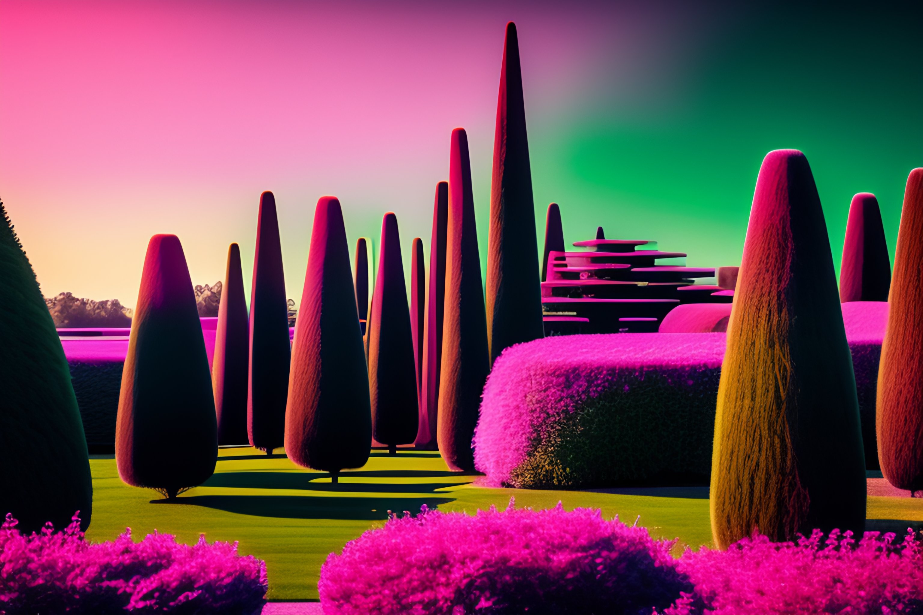 Lexica - Tall green hedge maze, green grass, evil monster in shadows ...