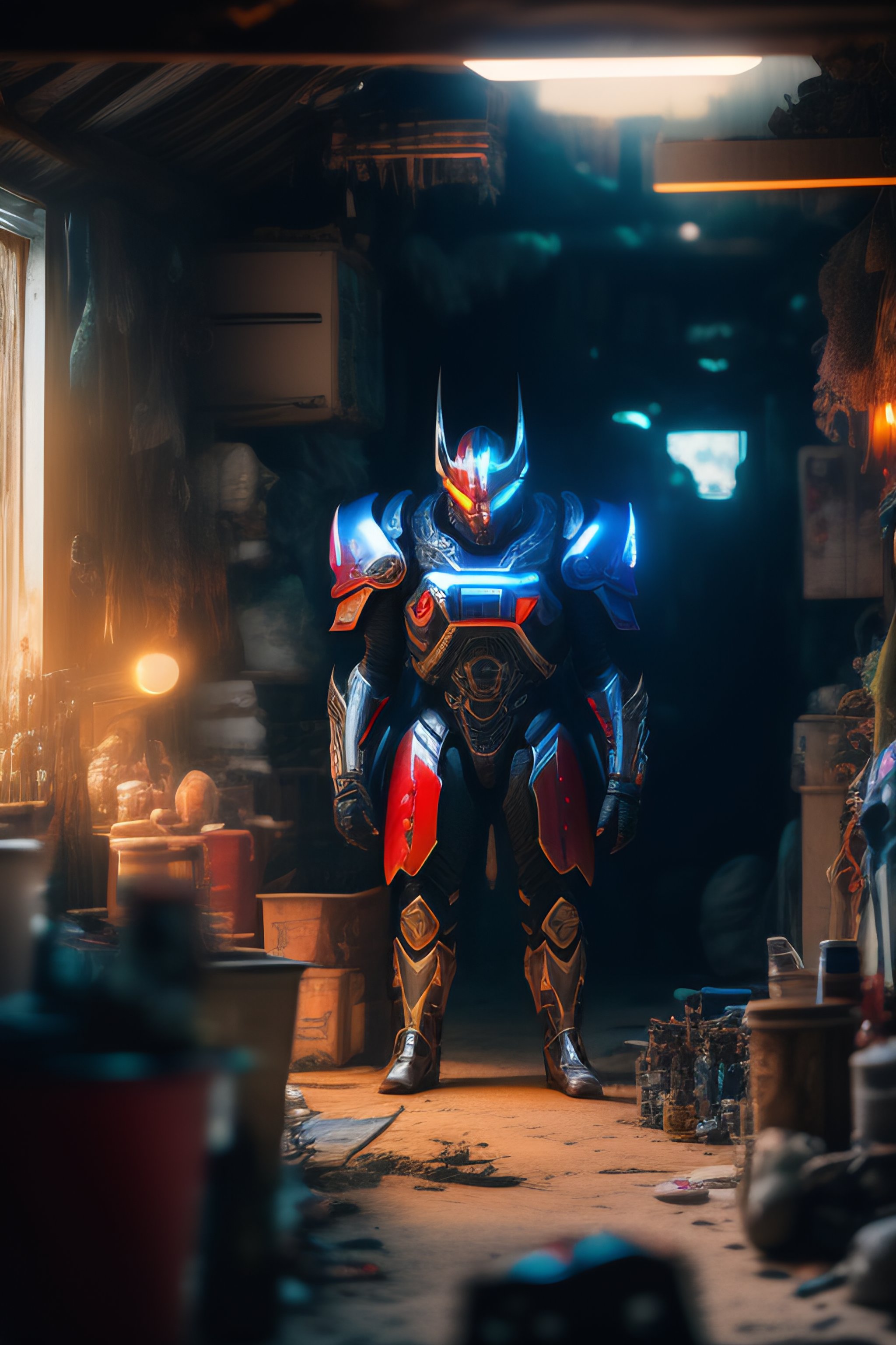 Lexica - Wide angle Environmental shot of evil Cyborg in a cluttered ...