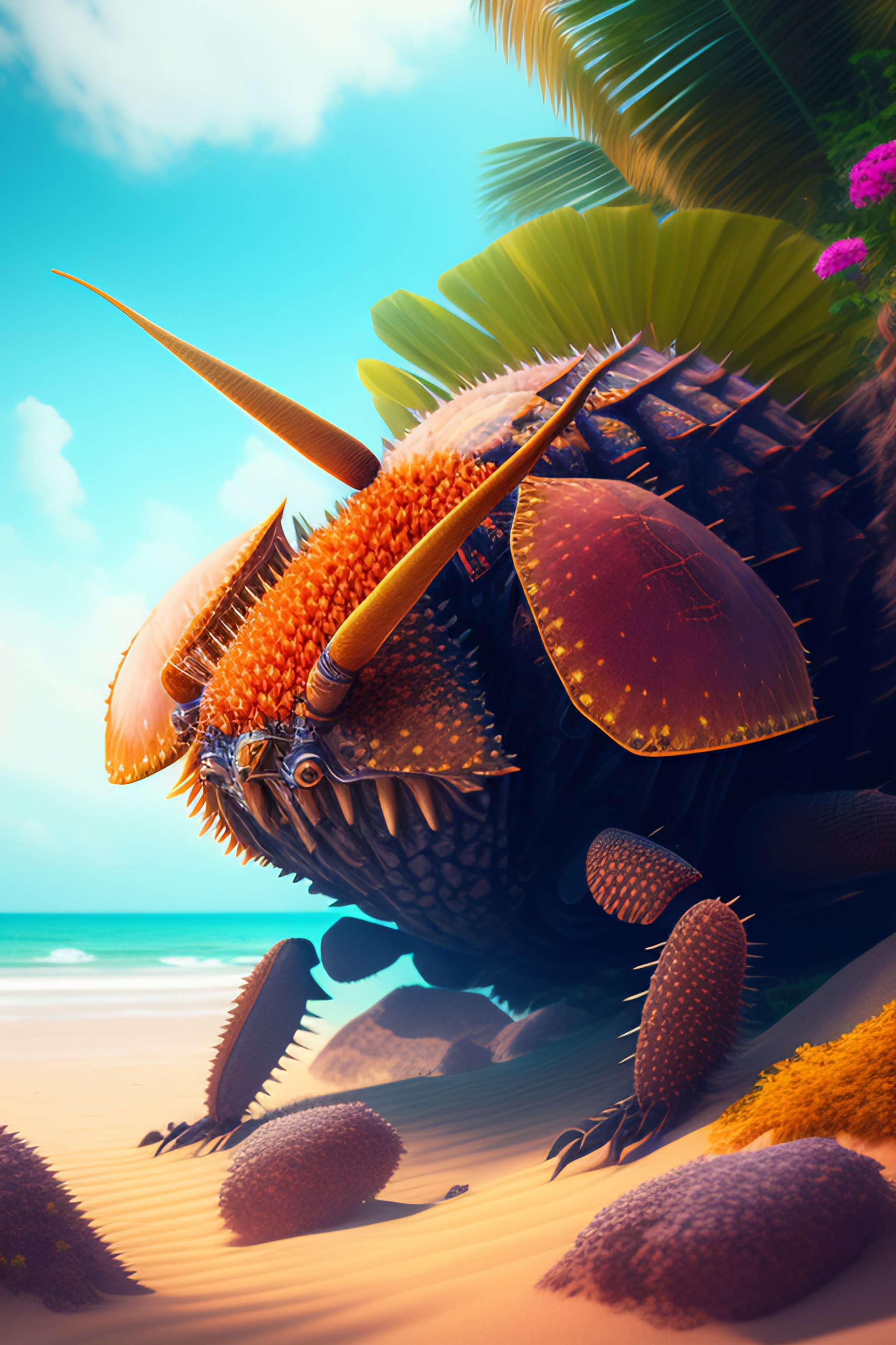 Lexica - Giant spiky orange coconut crab monster on tropical beach sand ...