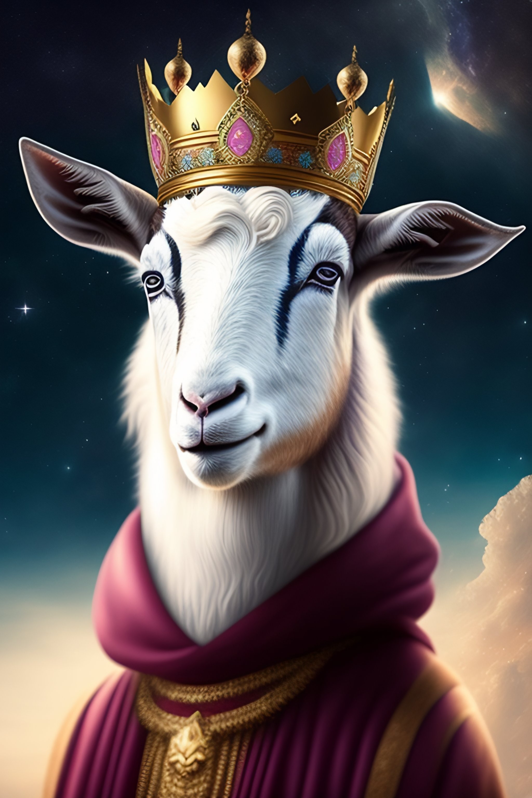 Lexica - Pretty goat princess with a crown on his head traveling in the ...