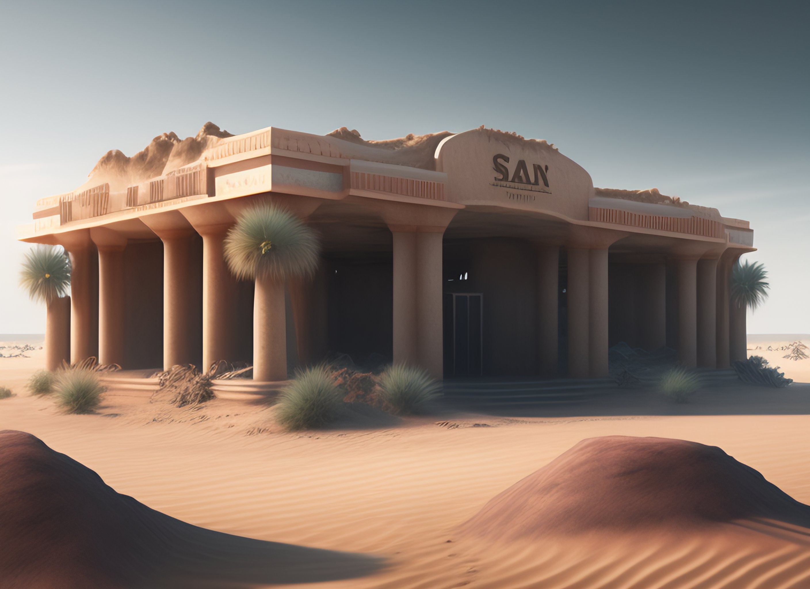 Lexica - Matte painting of a building half buried on the sand in an the ...
