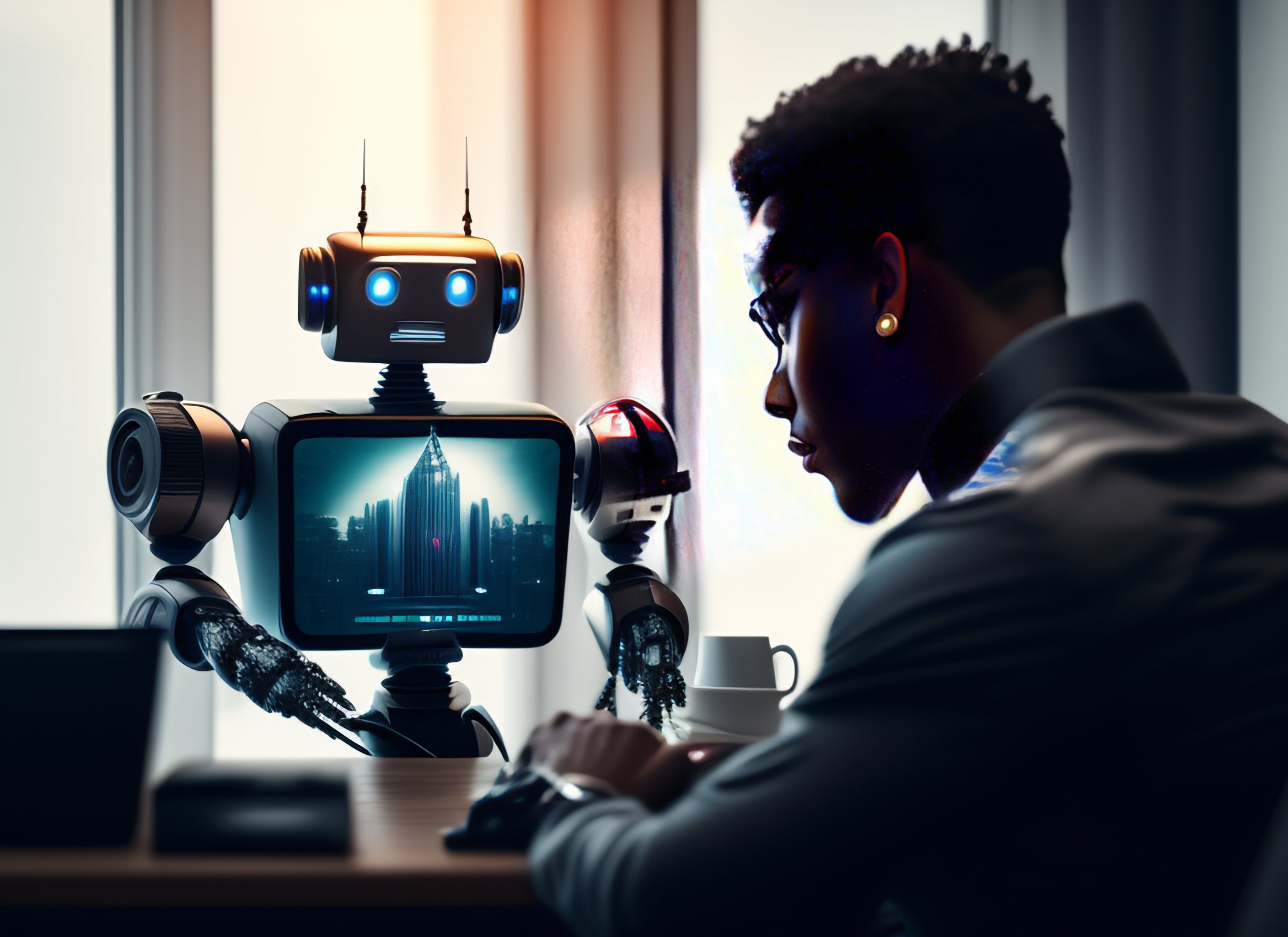 Lexica - A person and a robot. Both working, side by side, at the computer.